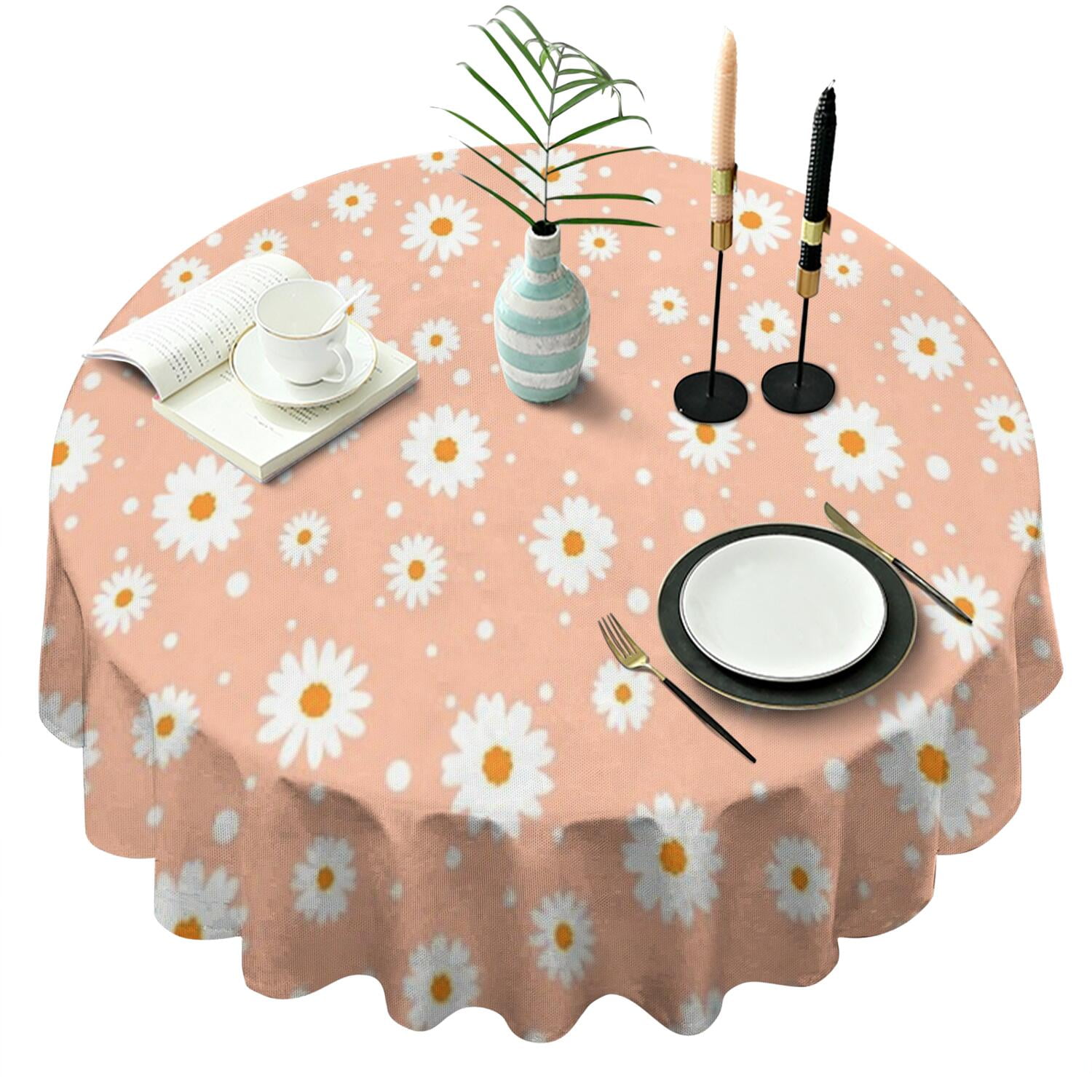 Peach Daisy Flower White Blooms Pattern Round Tablecloth 60"x60 ...