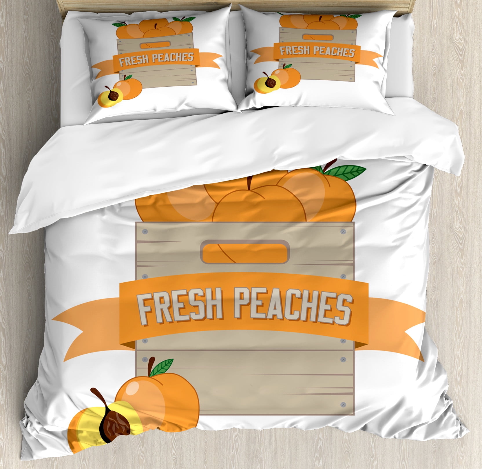 Peach Duvet Cover Set, Cartoon Illustration of Ripe Fruits in a Box ...