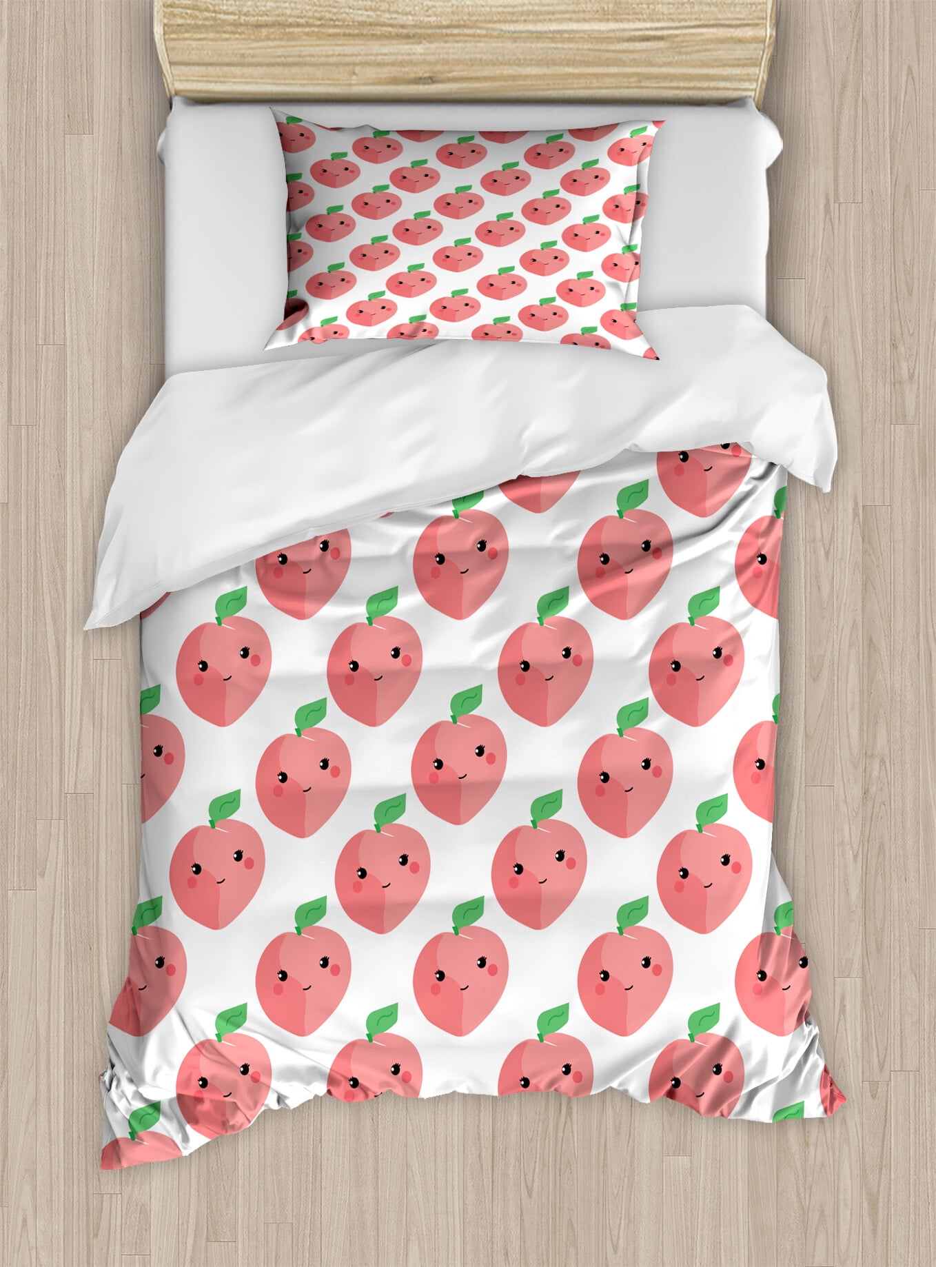 Peach Duvet Cover Set, Kawaii Style Fruits with Smiling Faces and a ...