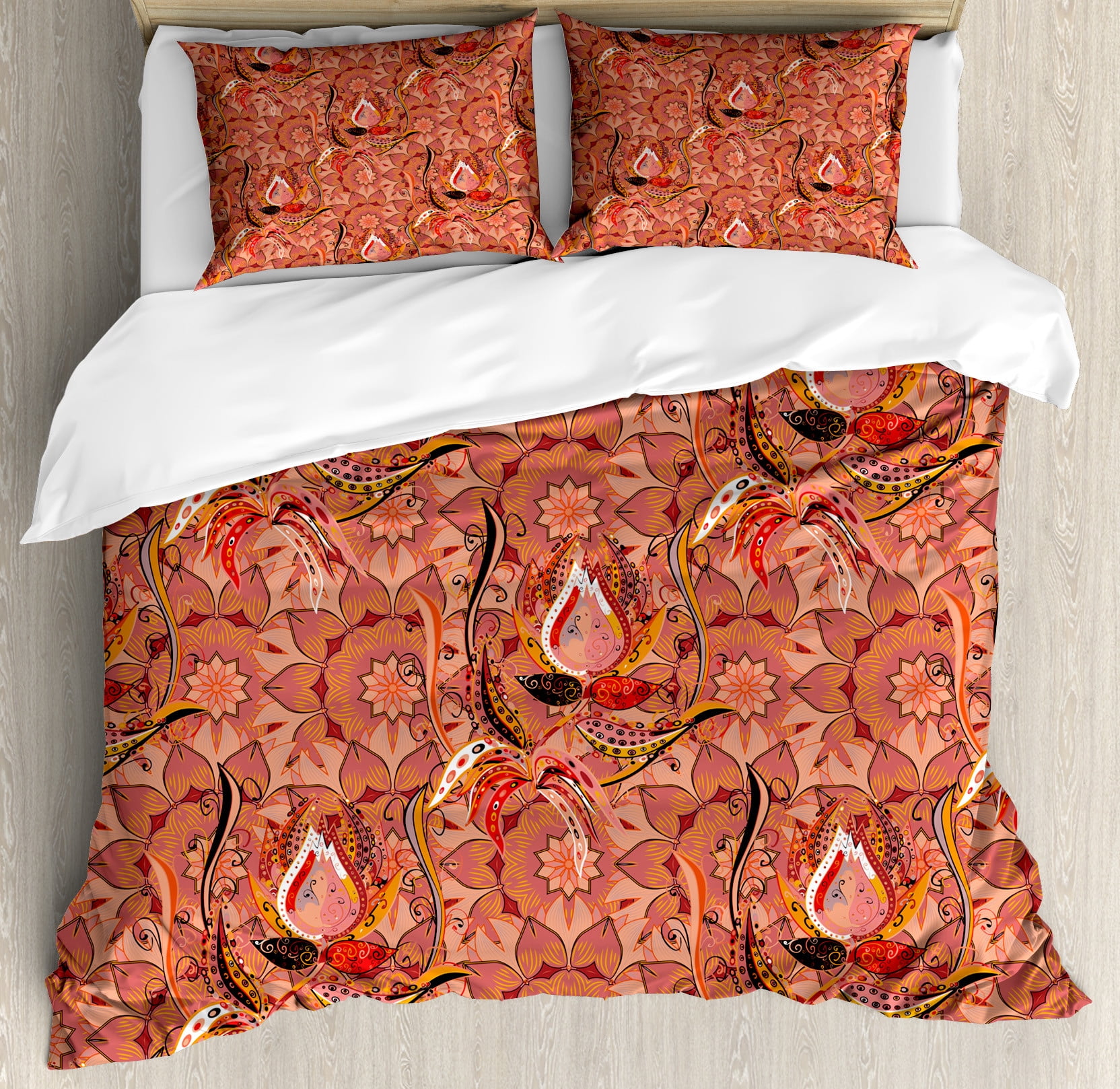 Peach Duvet Cover Sets, Hand Drawn Floral Arrangement Vibrant Colors ...