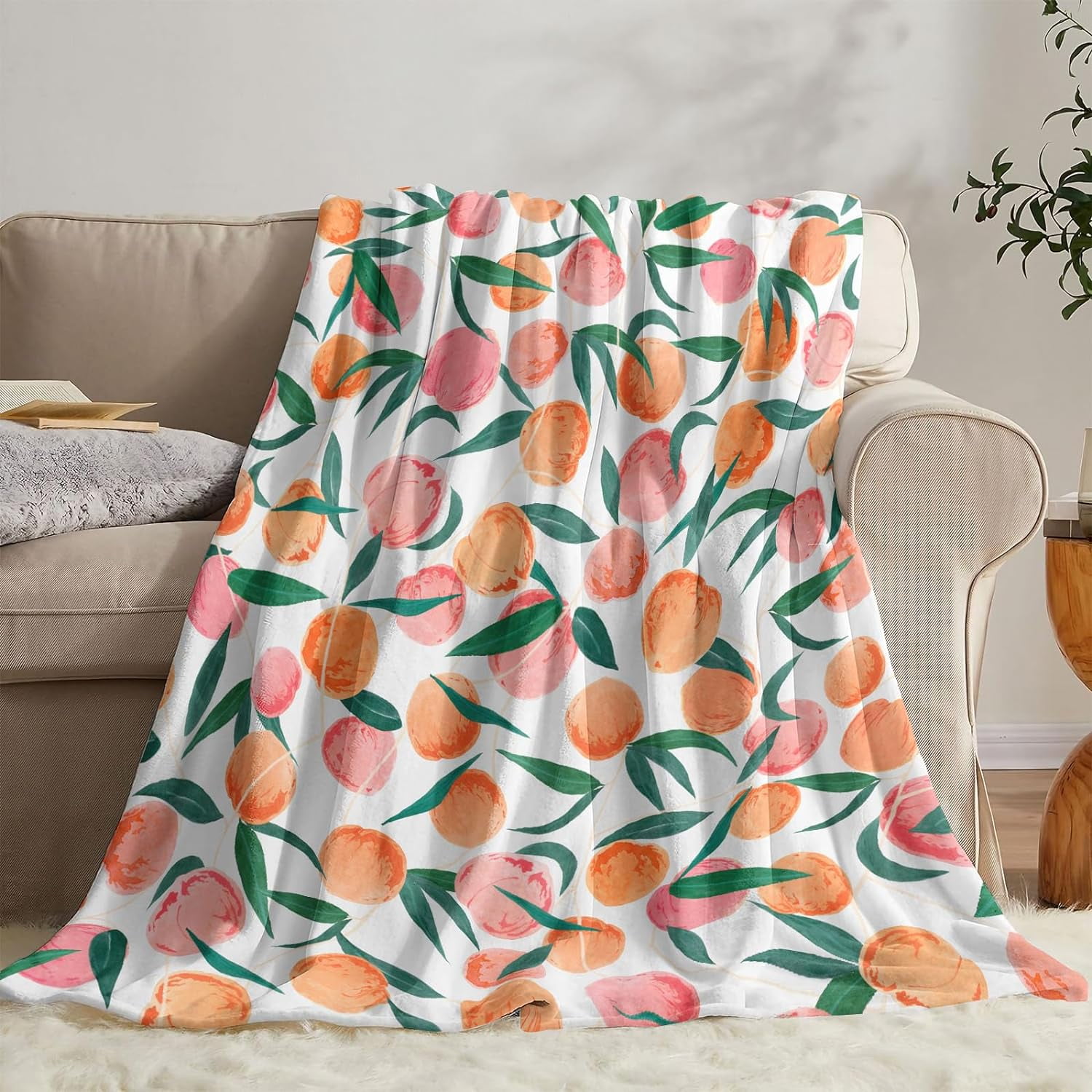 Peach Fleece Throw Blanket, Allover Cute Bright Colorful Fruits Design ...