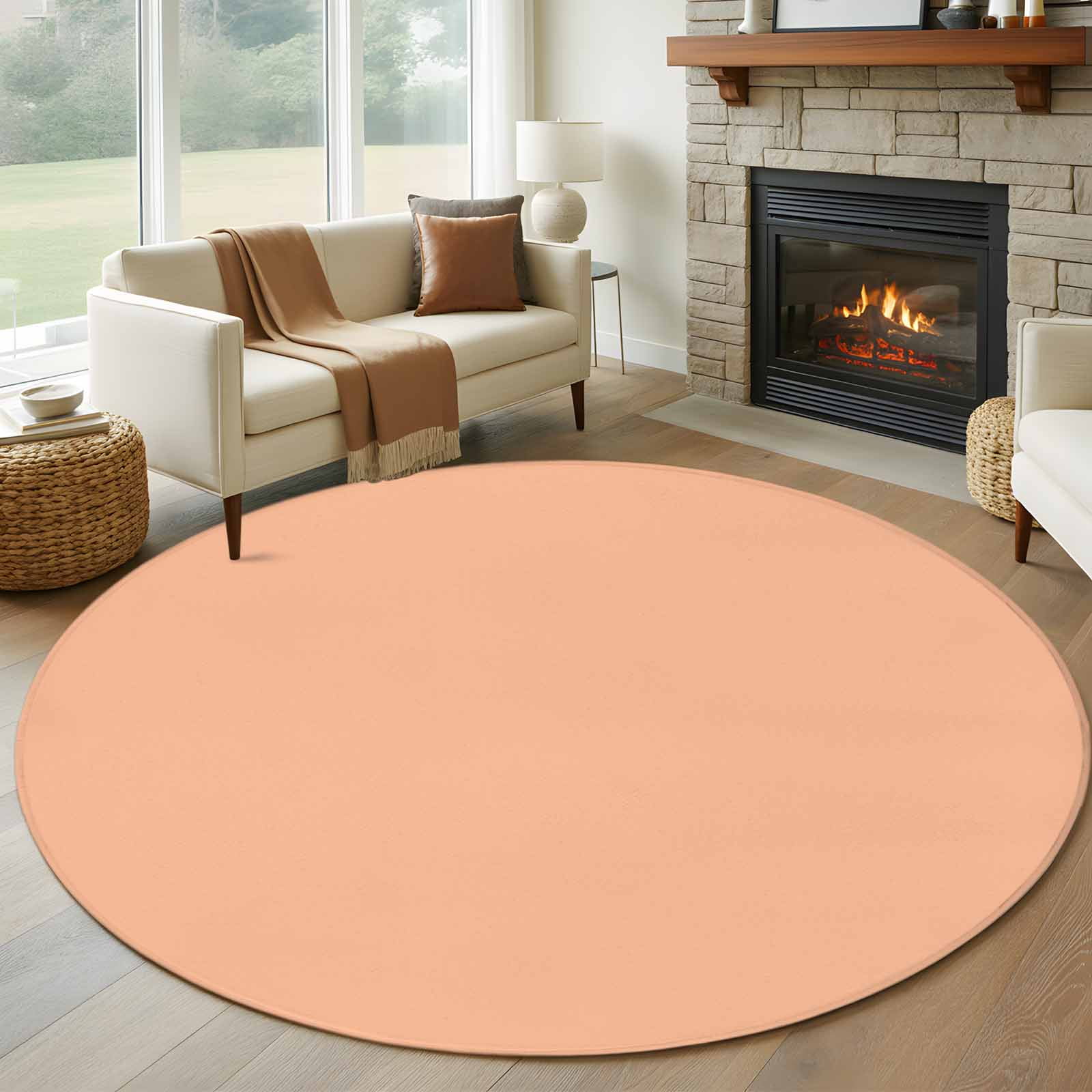 Peach Fuzz 8ft Round Rug, Farmhouse Solid Orange Color Modern Art Non ...