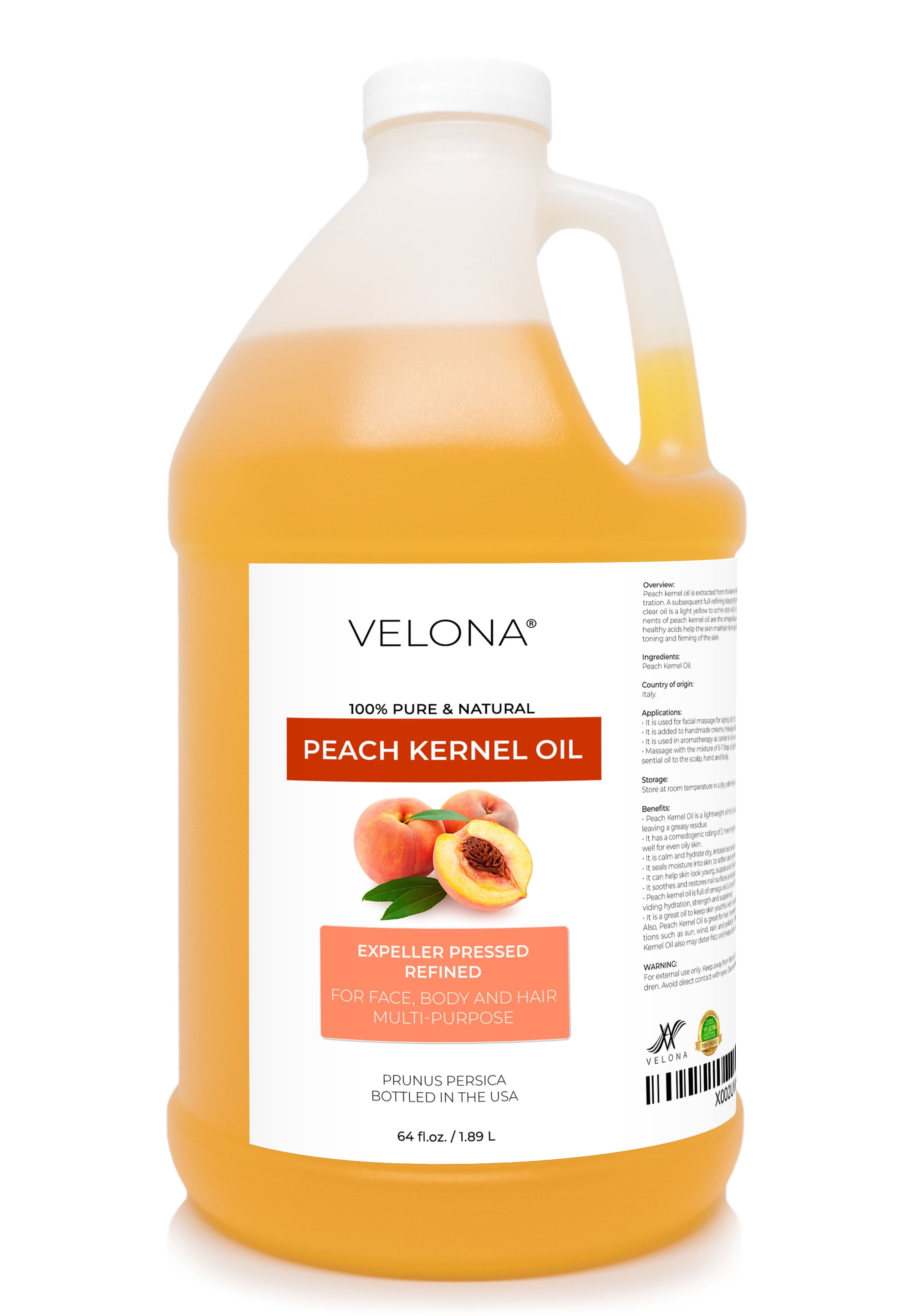 Peach Kernel Oil by Velona - 64 oz | 100% Pure and Natural Carrier Oil ...