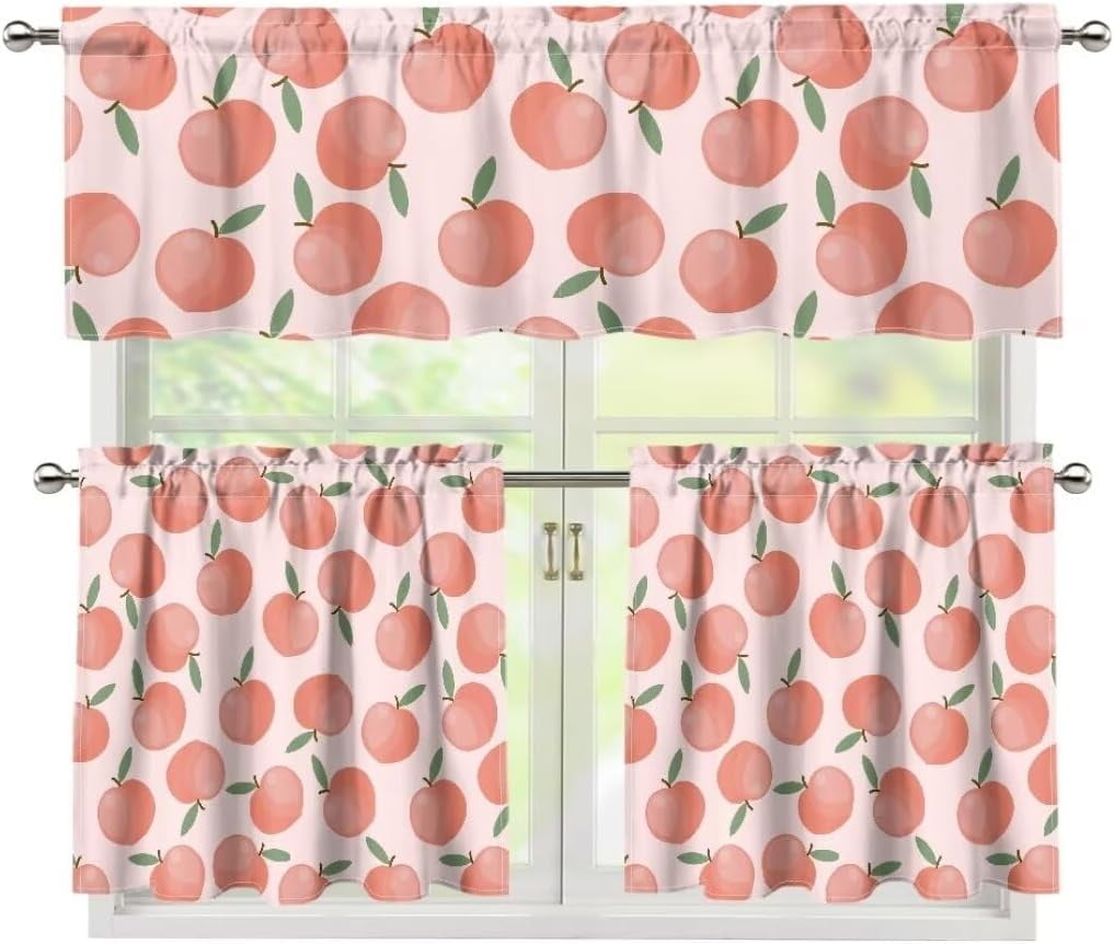 Peach Kitchen Curtain Valance and Tiers Set of 3 Blocks Outside Light ...