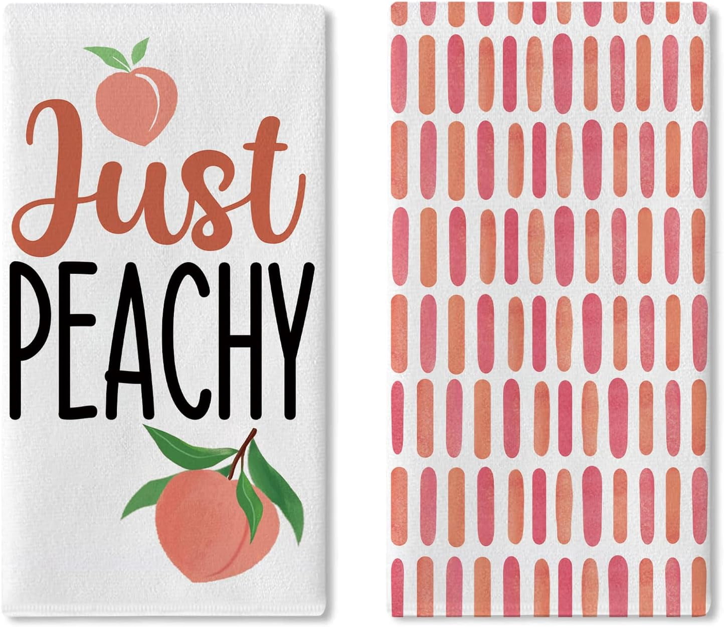 Peach Kitchen Dish Towels Set of 2, Just Peachy Fruit Geometric Girly ...