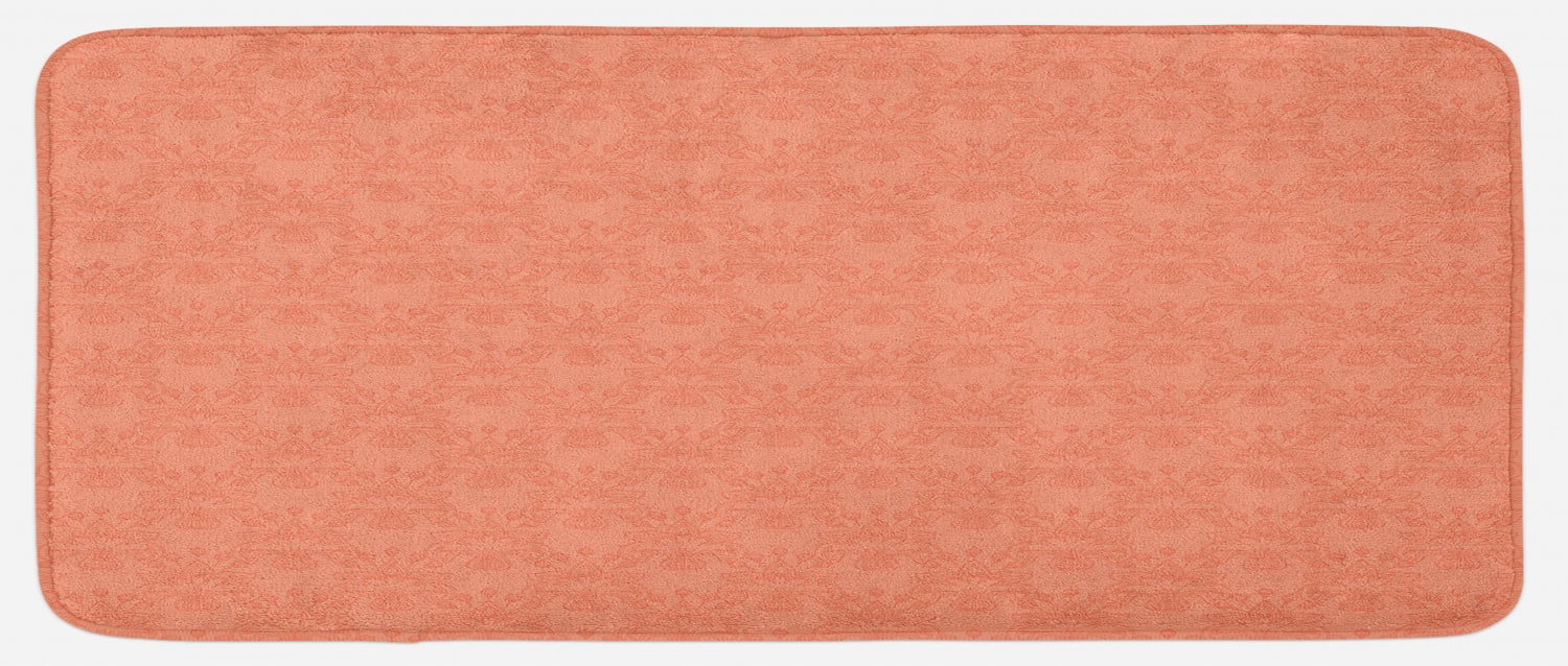 Peach Kitchen Mat, Flower Ornate Pattern Nature Inspired Image with ...