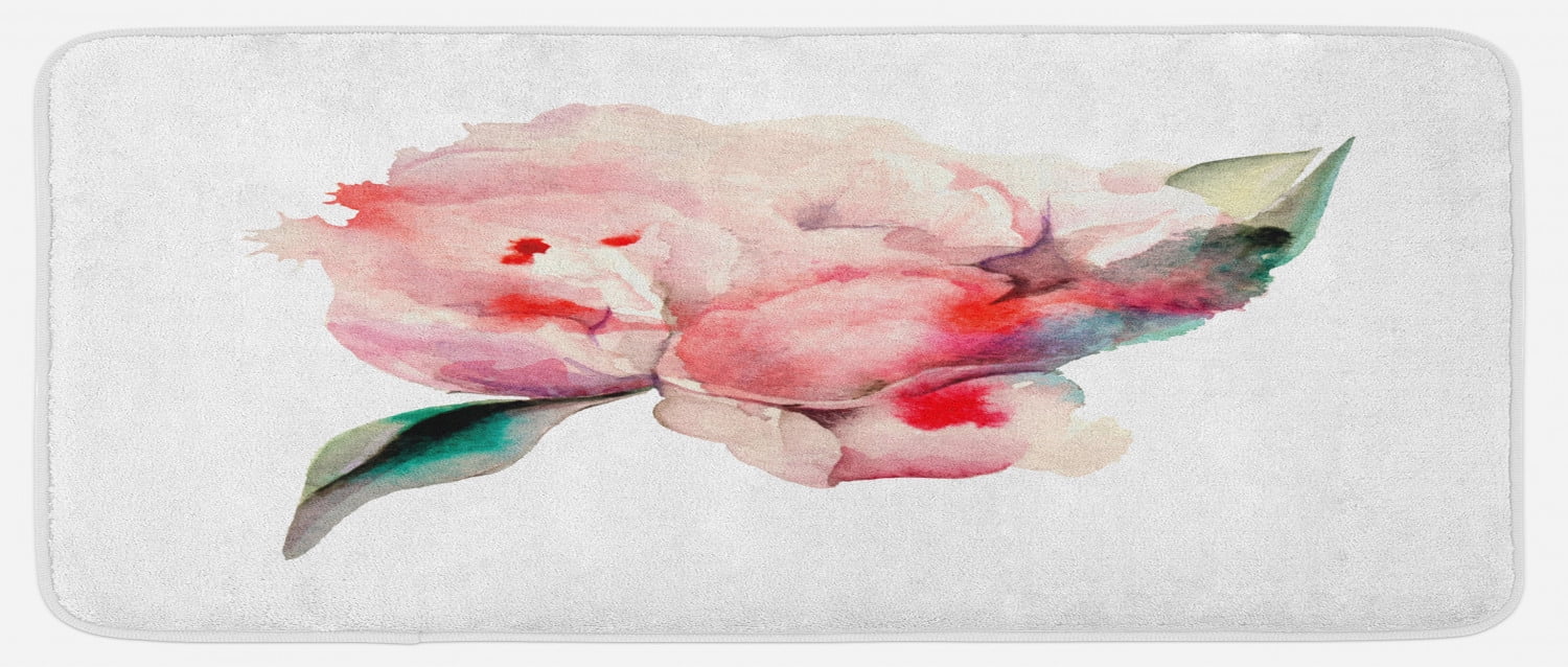 Peach Kitchen Mat, Hand Drawn Watercolor Peonies Realistic Flower in ...