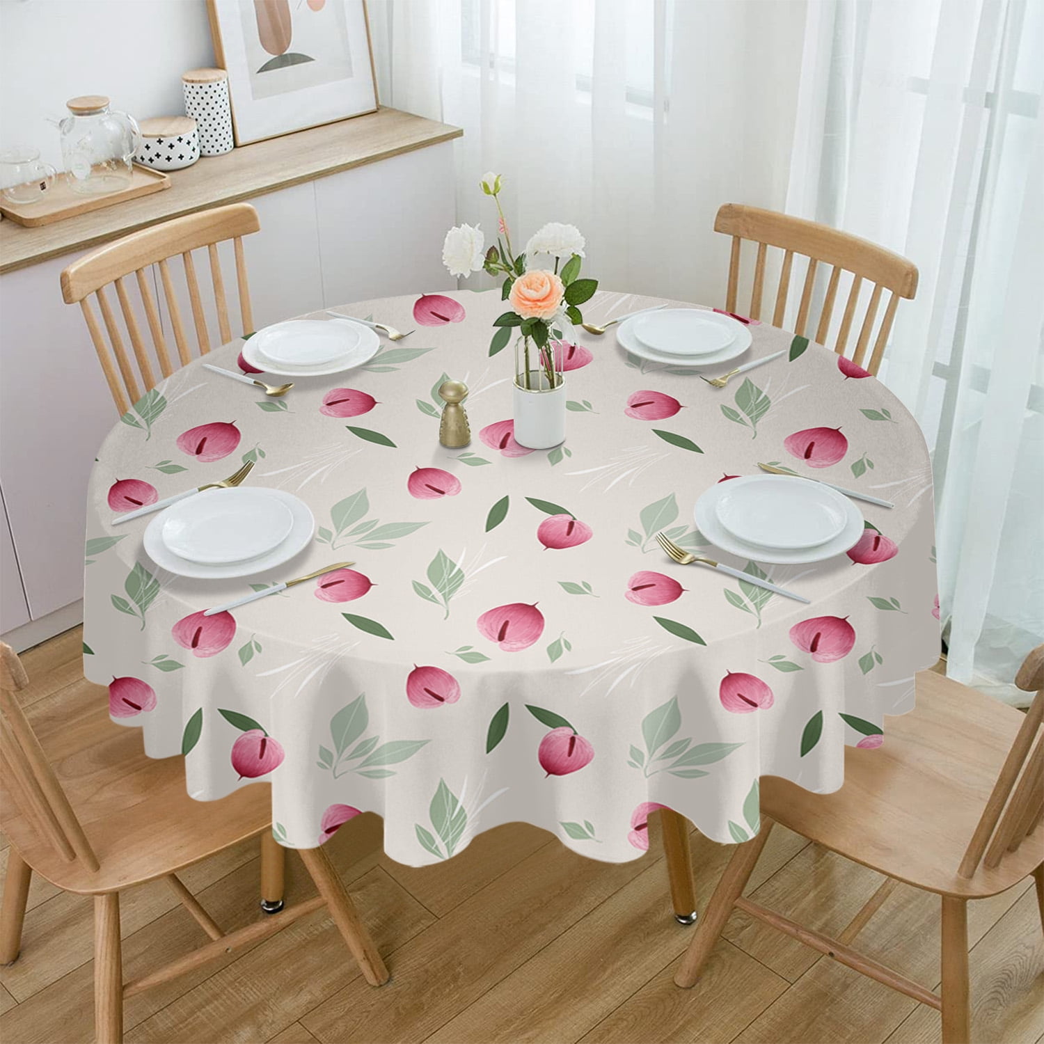 Peach Leaf Line Hand Drawing Waterproof Tablecloth Tea Table Decoration ...
