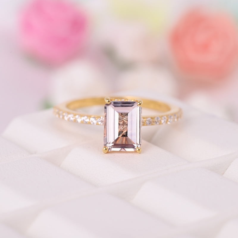Peach Morganite Emerald Cut Ring 14K Yellow Gold Diamond Stacking Ring ...