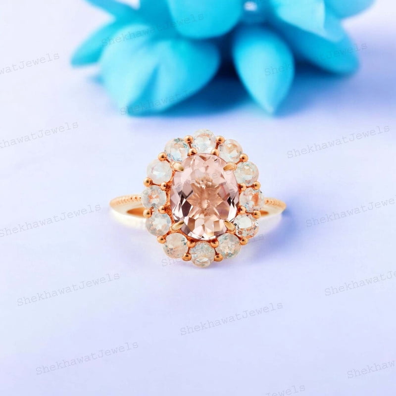 Peach Morganite Ring Oval Halo Diamond Engagement Ring 14K Yellow Gold ...