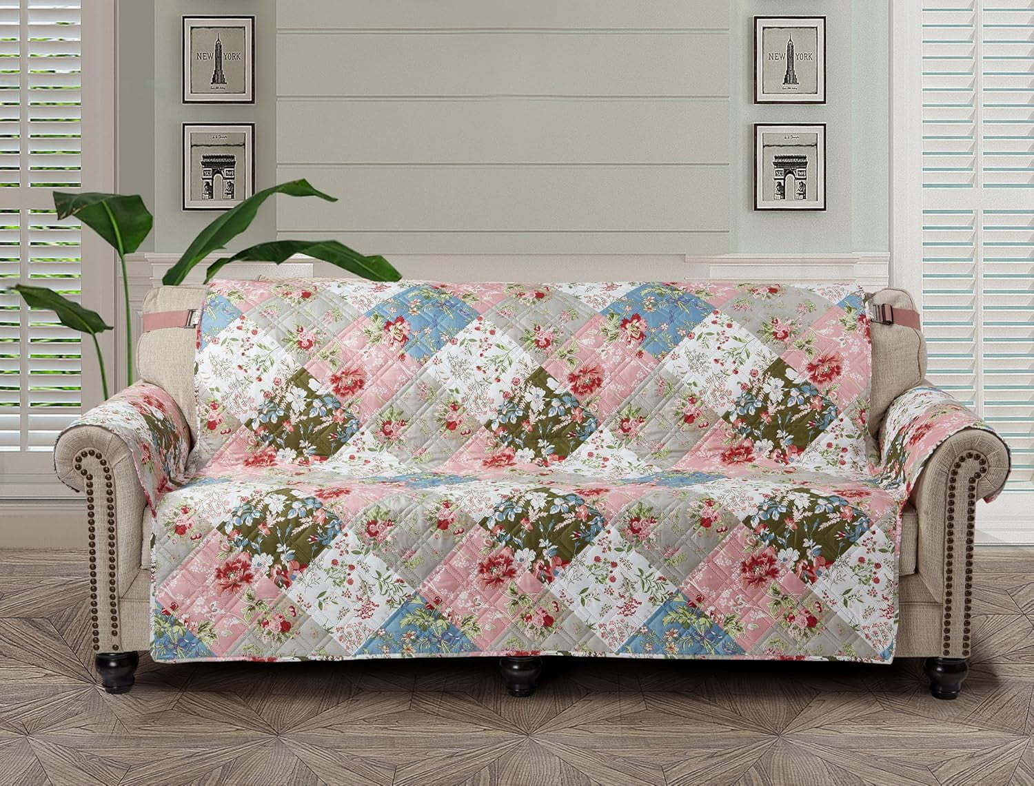 Peach and Olive Flowers Patchwork Couch Cover, Quilted X-Large Sofa ...