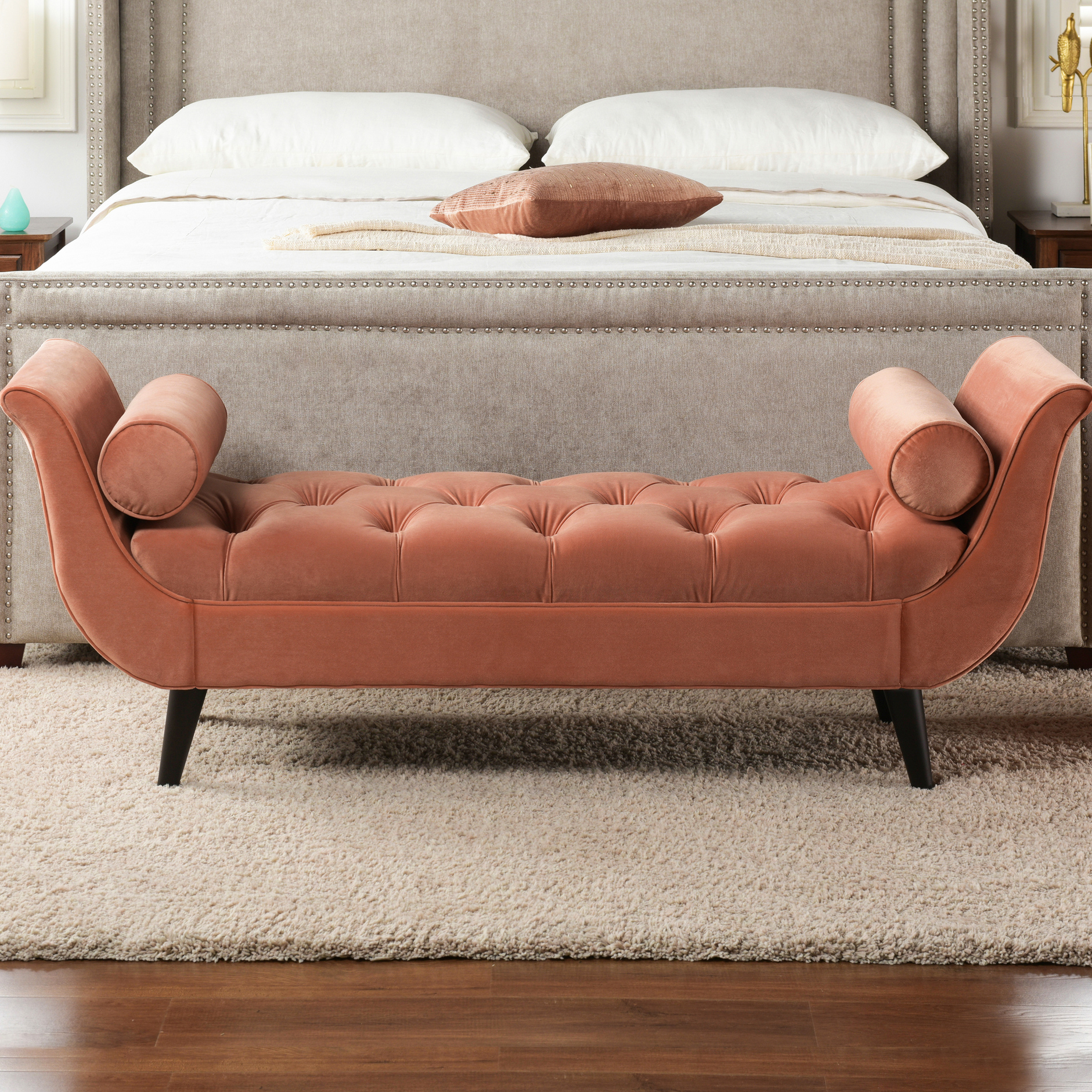 Peach Orange Velvet Flared Arm Bench For Entryway, 64.5 Inches Length ...