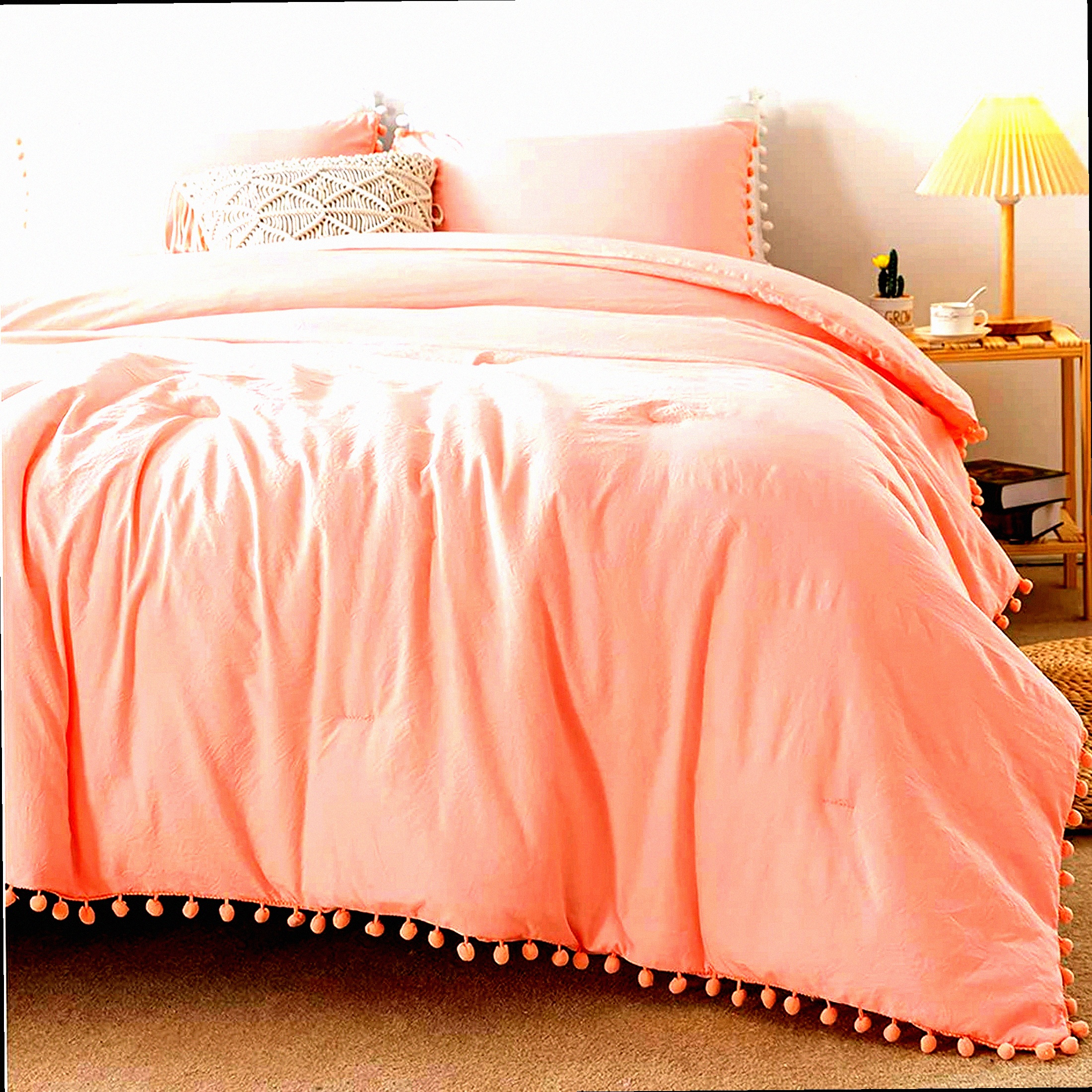 Peach Pink Boho Pom Pom Fringe Comforter Set - Queen Size Lightweight ...