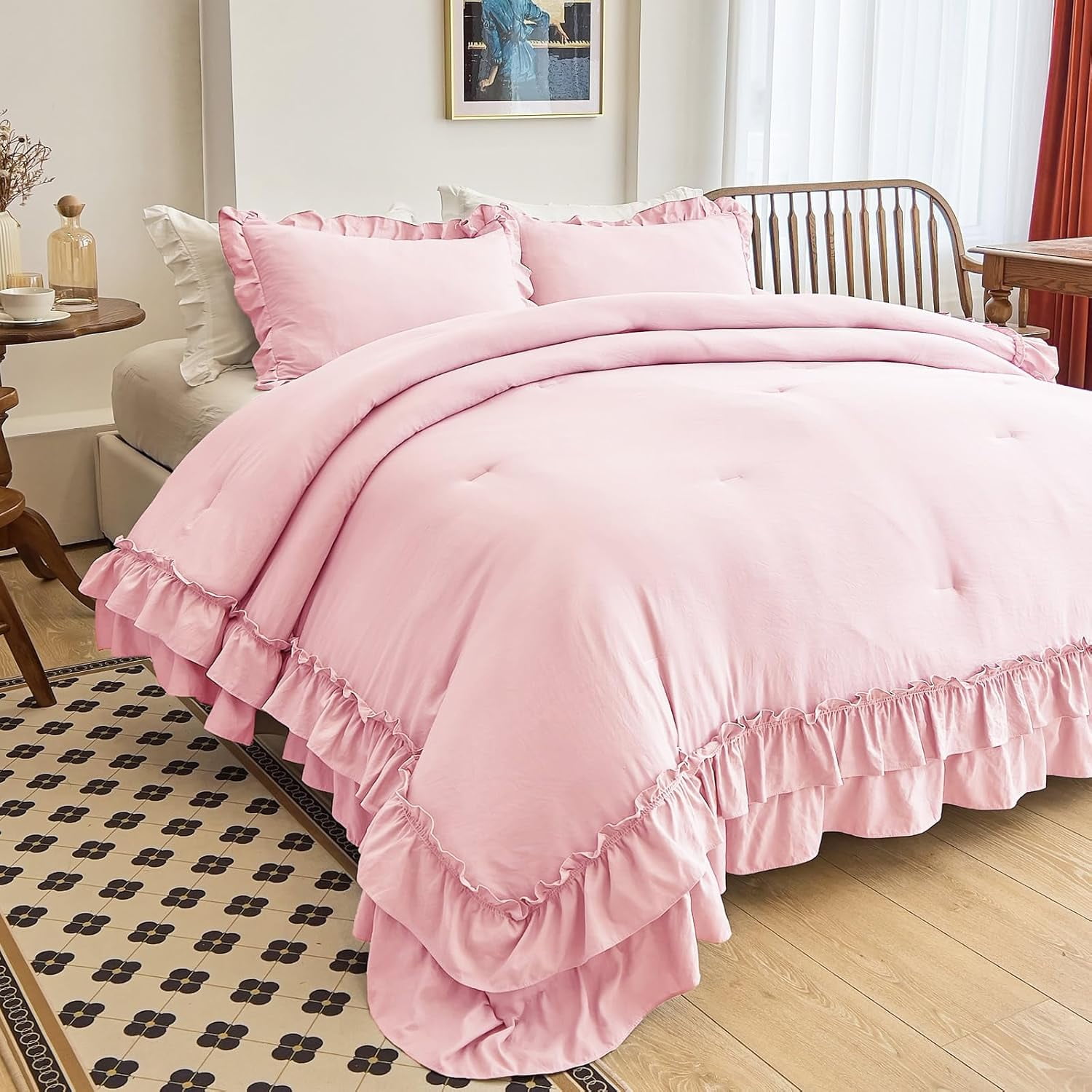 Peach Pink Ruffle Comforter King, 3 Pieces Vintage Ruffle Fringe ...