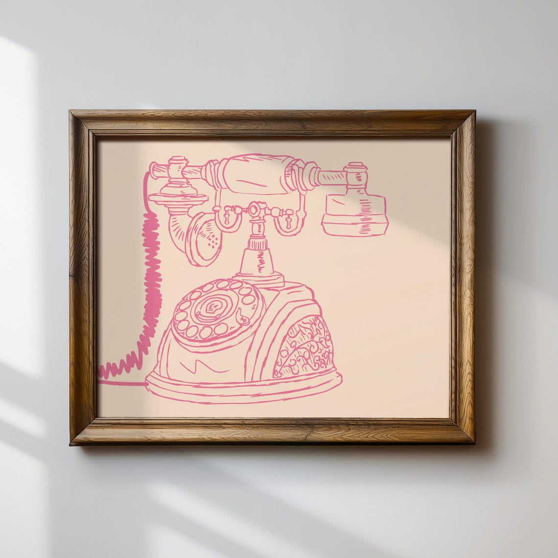 Peach Pink Telephone Horizontal Doodle Line Illustration Print, Art ...