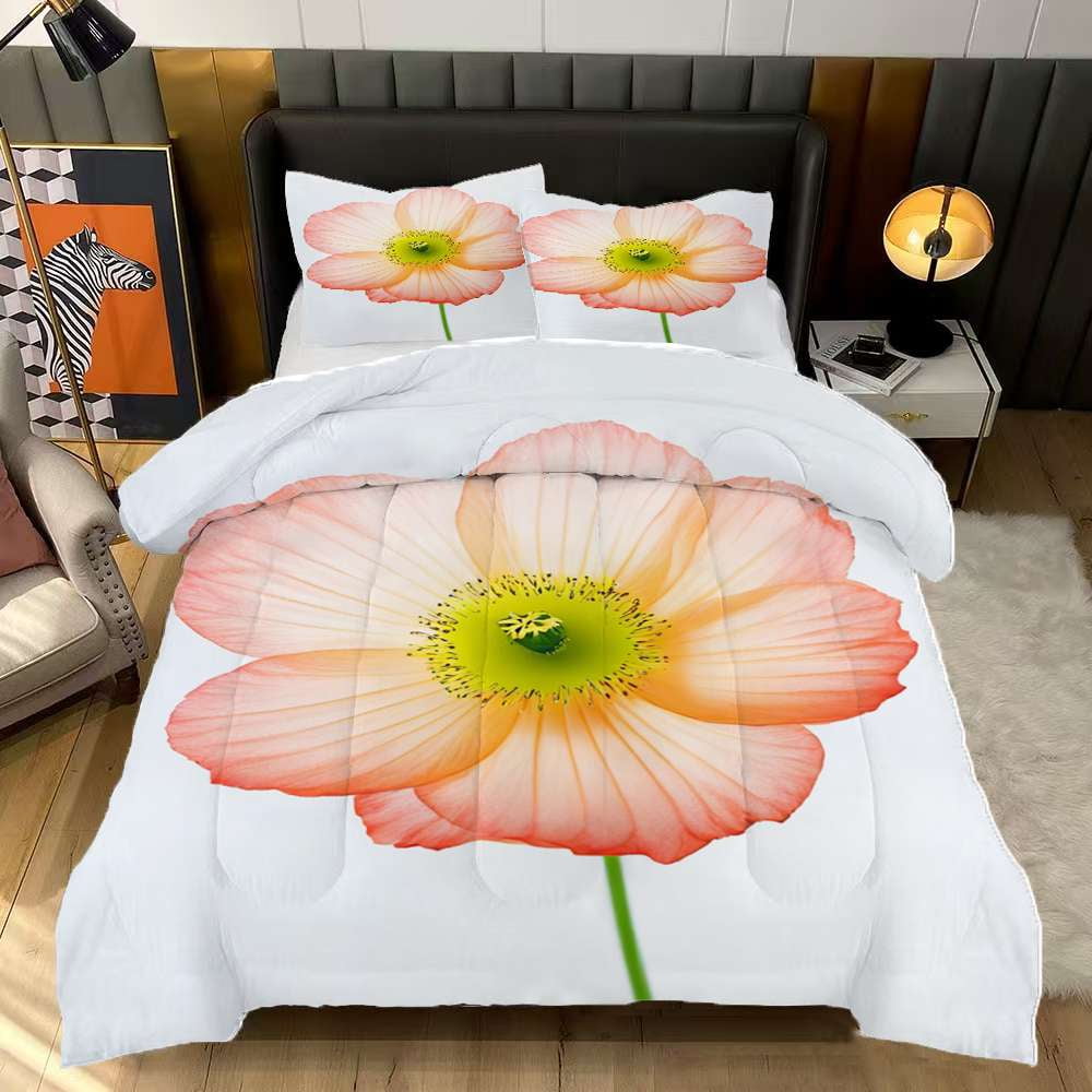 Peach Poppy Flower Print Comforter Set Queen Size Bedding Set For Travl ...