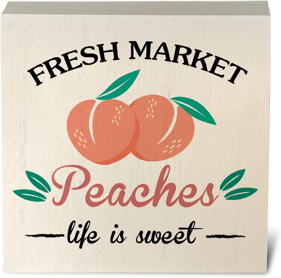 Peach Sign Summer Kitchen Decor Wooden Box Sign for Home Bathroom Shelf ...