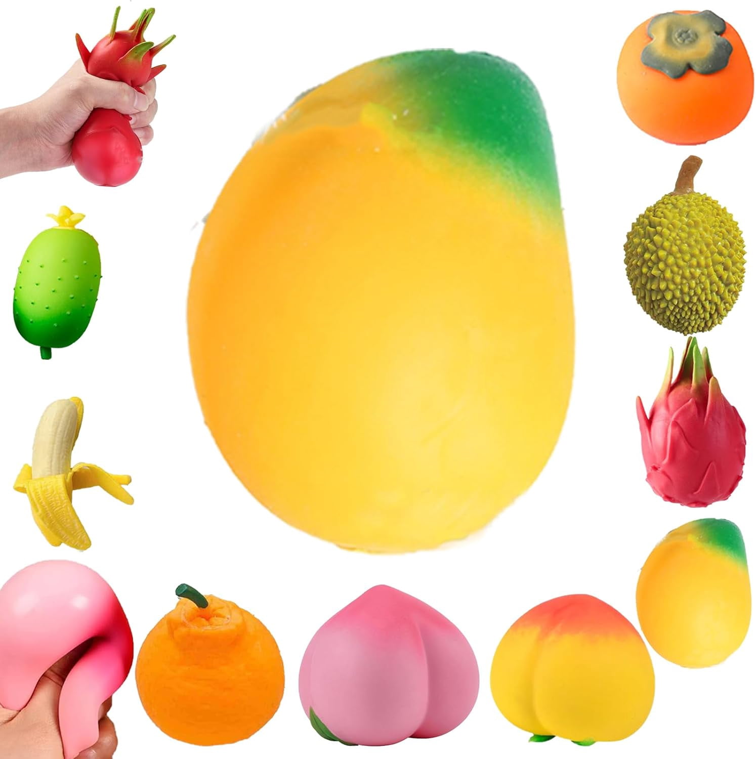 Peach Squishy, Dragon Fruit Squishy, Cucumber/Orange/Durian/Mango ...