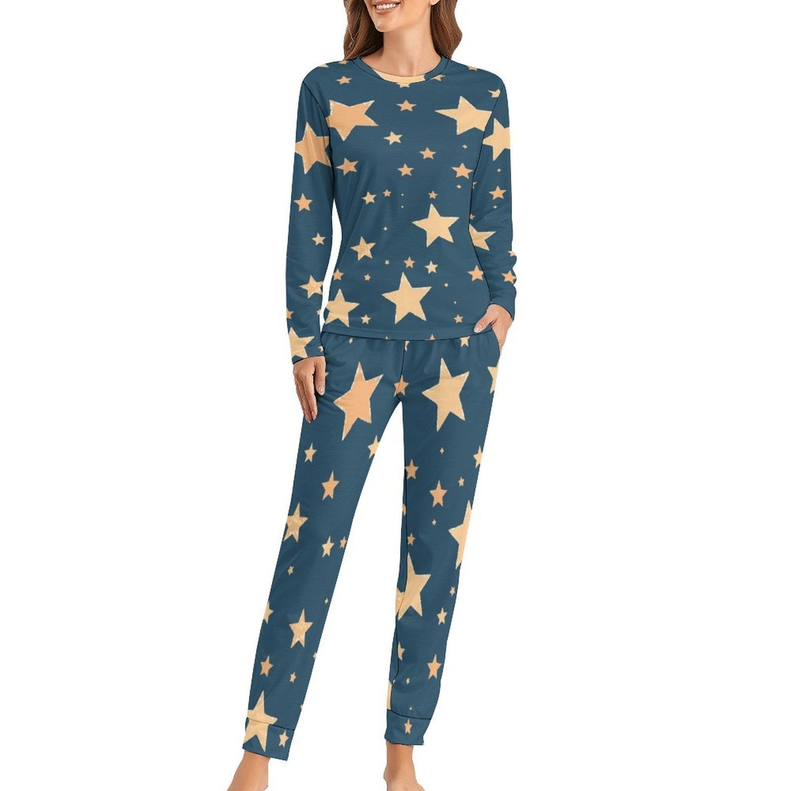 Peach Stars Dark Blue Pajamas Woman Long Sleeves Cute Pajama Sets Two ...