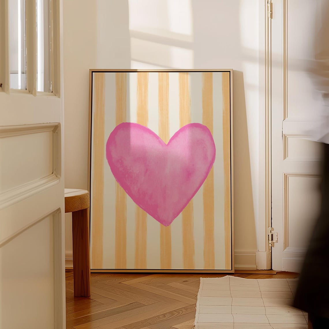 Peach Striped Pink Heart Art Print, Valentines Day Decor Wall Art ...