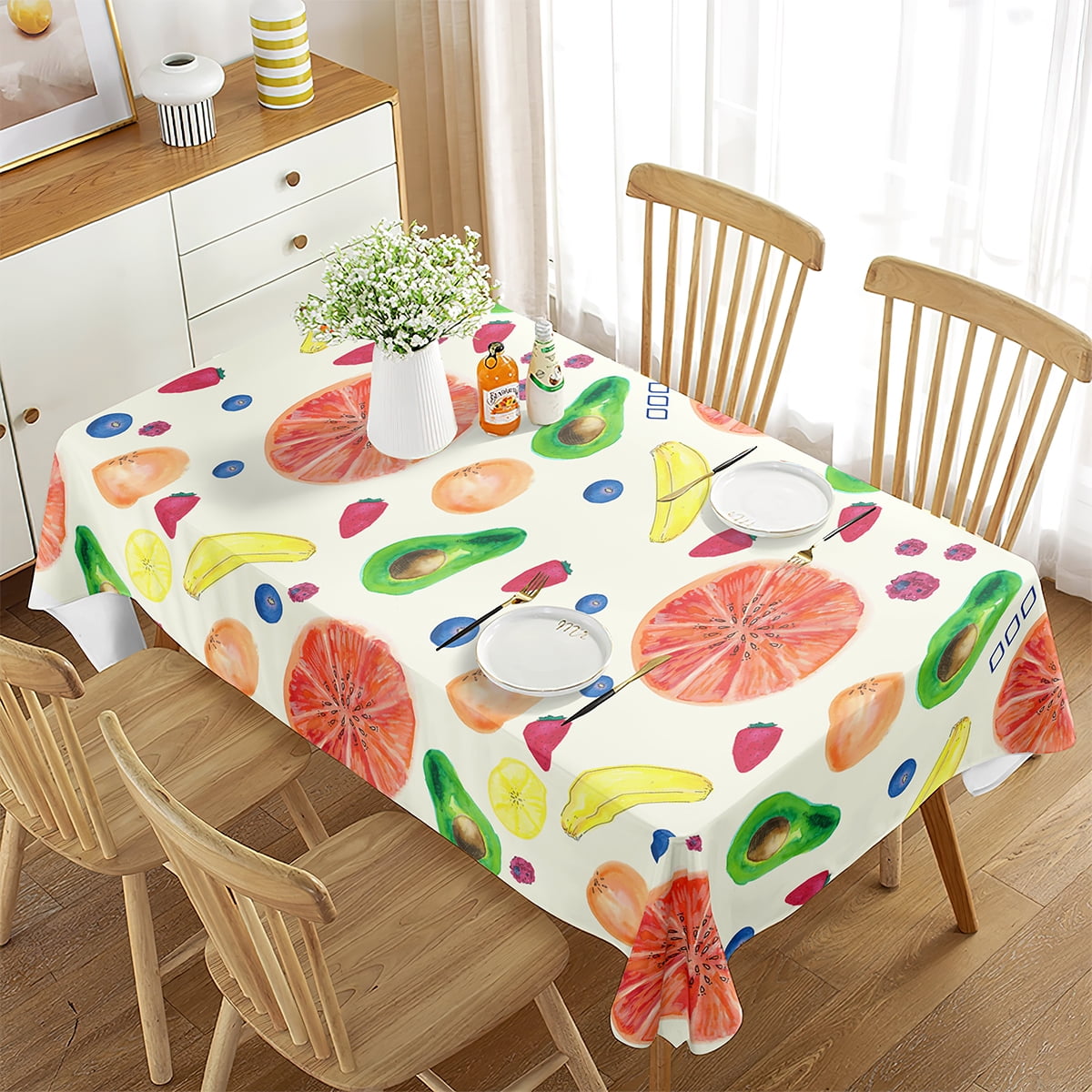 Peach Tablecloth Pink Peach Fresh Fruits Pattern Table Cover Rectangle ...