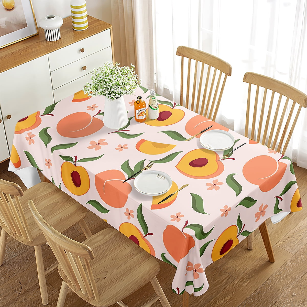 Peach Tablecloth Pink Peach Fresh Fruits Pattern Table Cover Rectangle ...