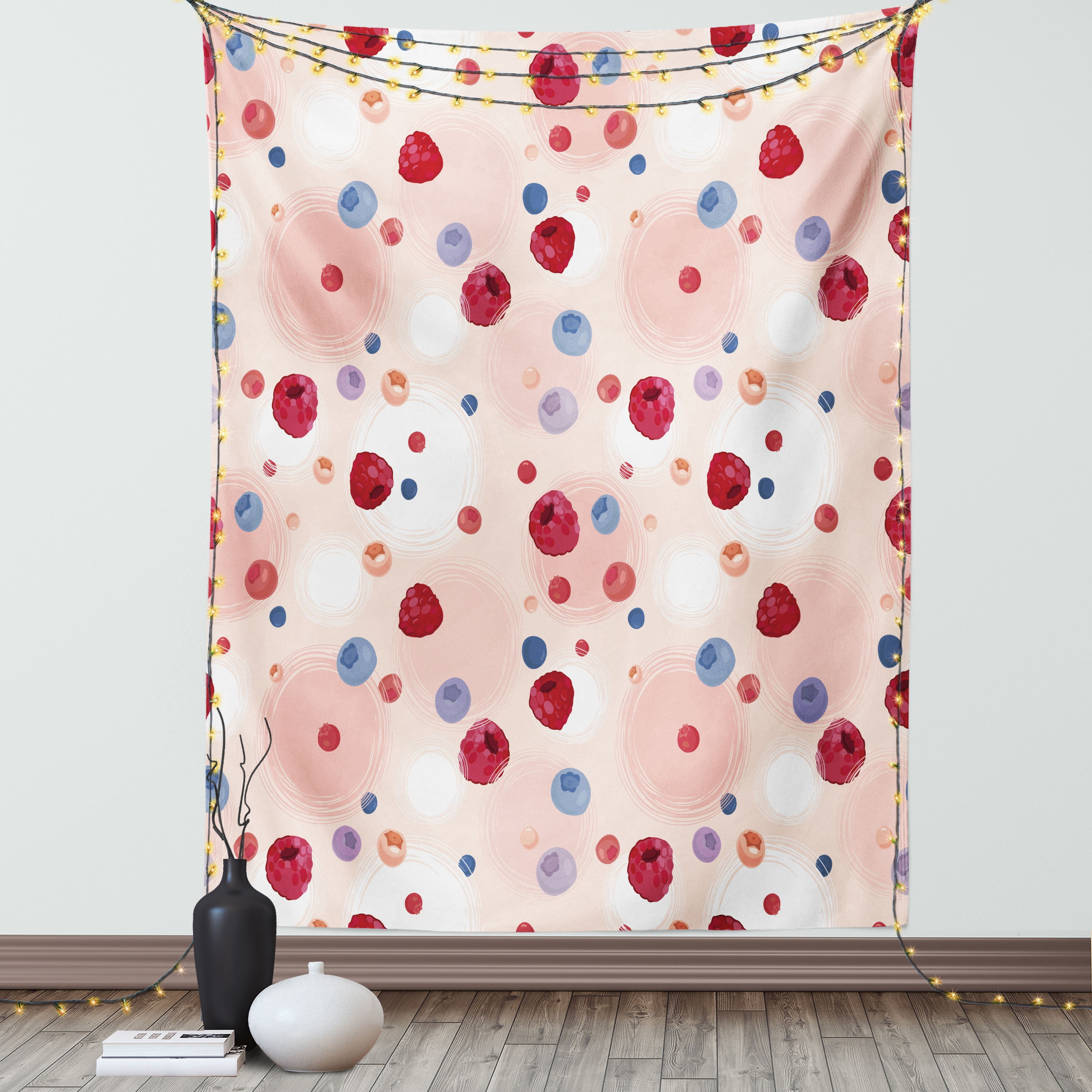 Peach Tapestry, Raspberries Blueberries Cranberries Food Themed Design with Abstract Circle ...