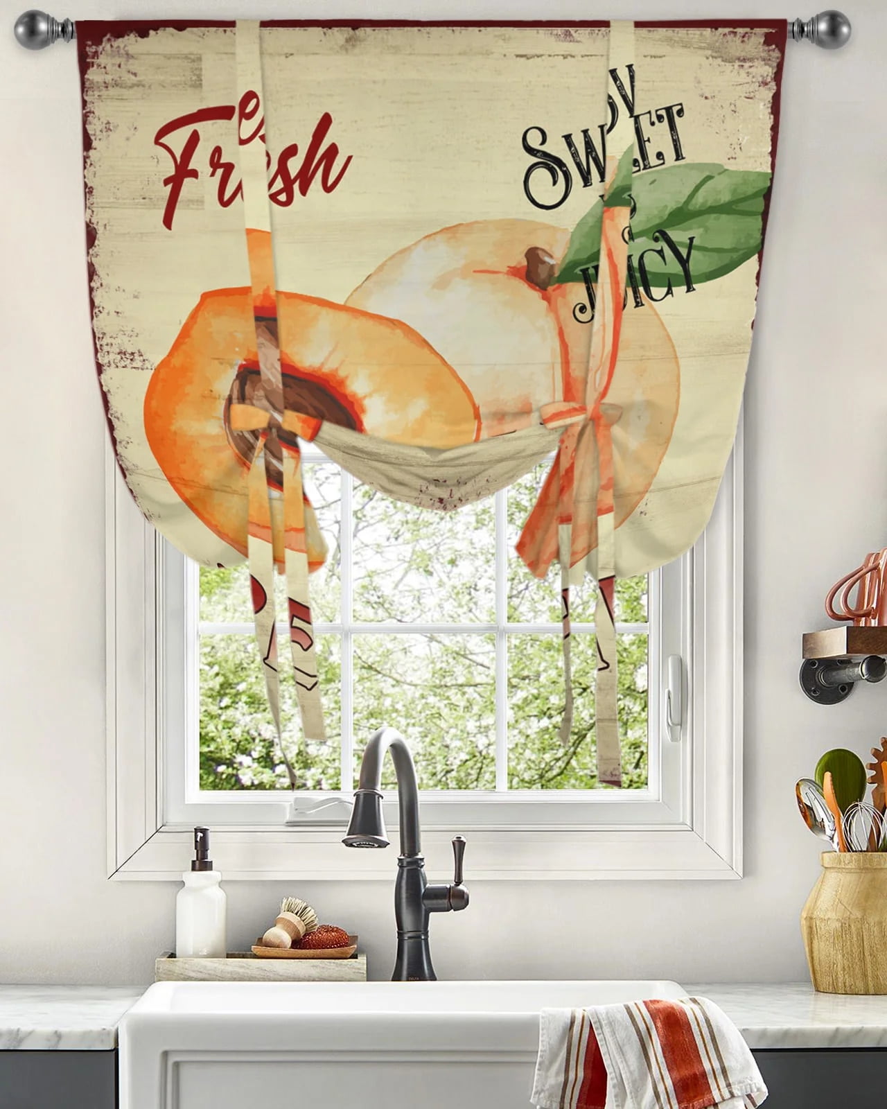 Peach Vintage Wood Grain Retro Window Curtain Tie Up Curtains for ...