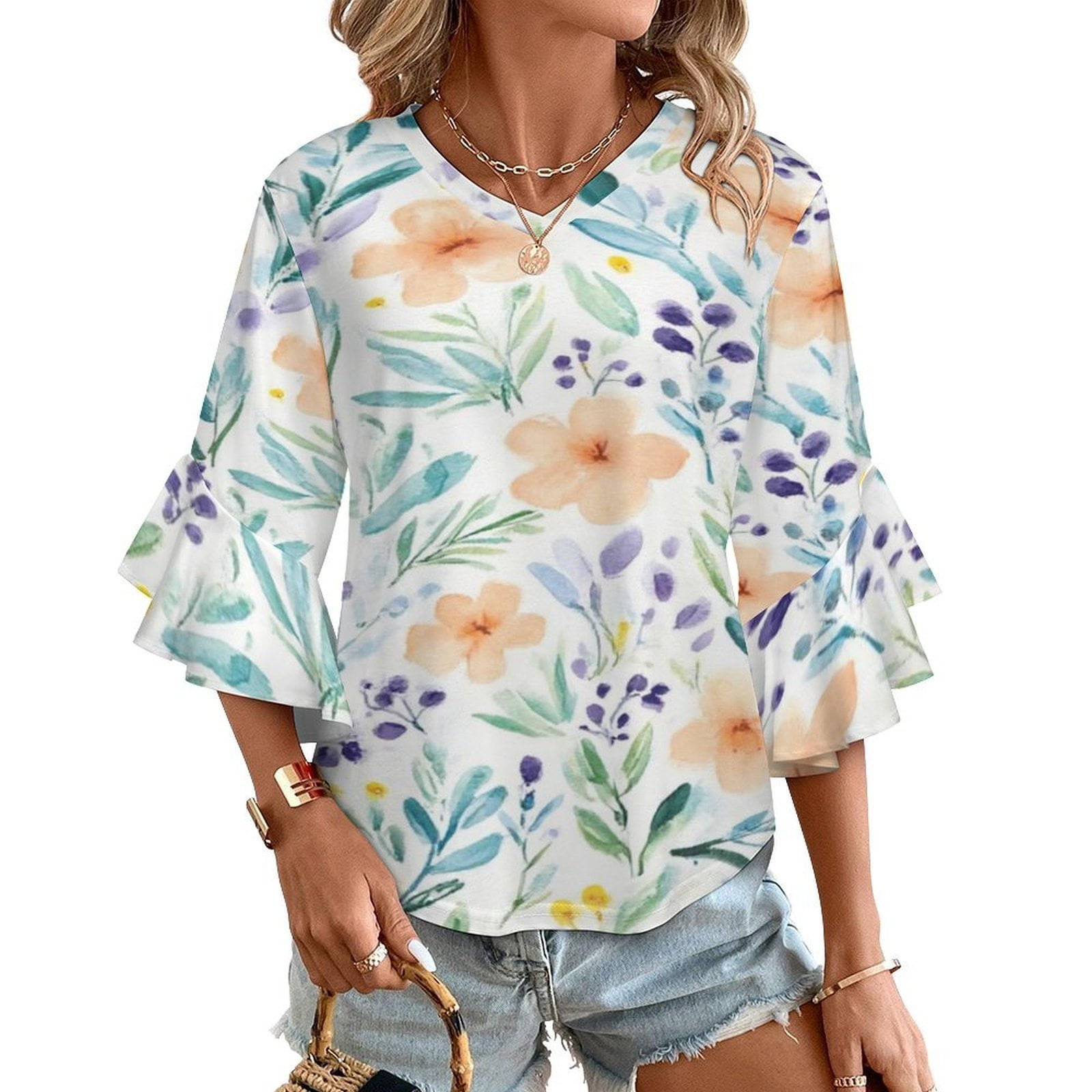 Peach Watercolor Floral Seamless Pattern Women's V-Neck Blouse With 3/4 ...