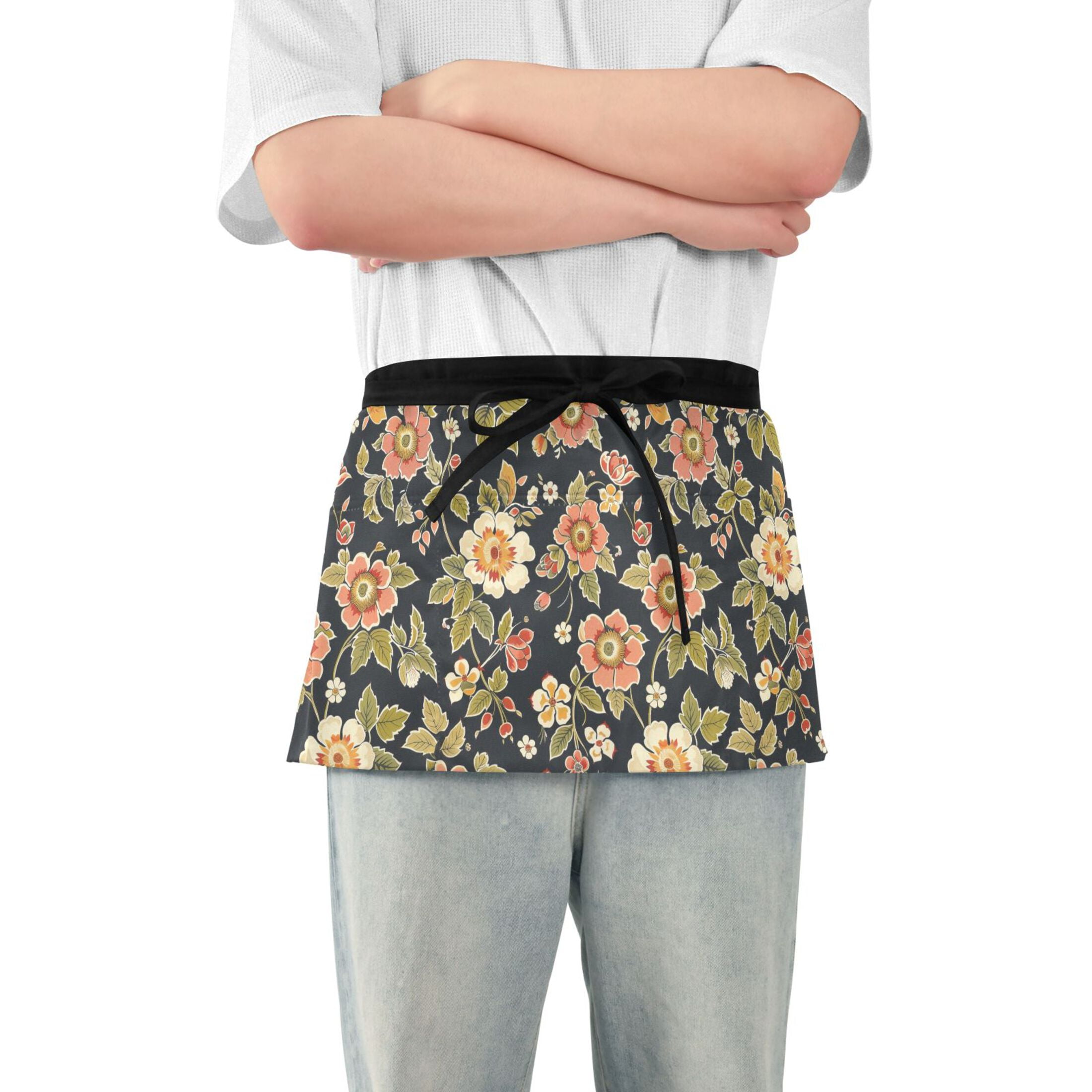 Peach White Flower and Leaves Server Apron with 3 Pockets Waterproof ...