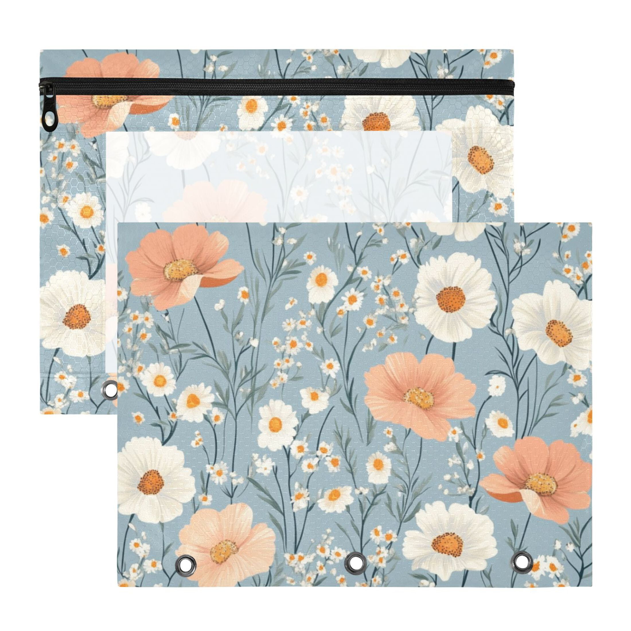 Peach and White Color Flowers 3-Ring Binder Pouches A4 Size Zipper ...