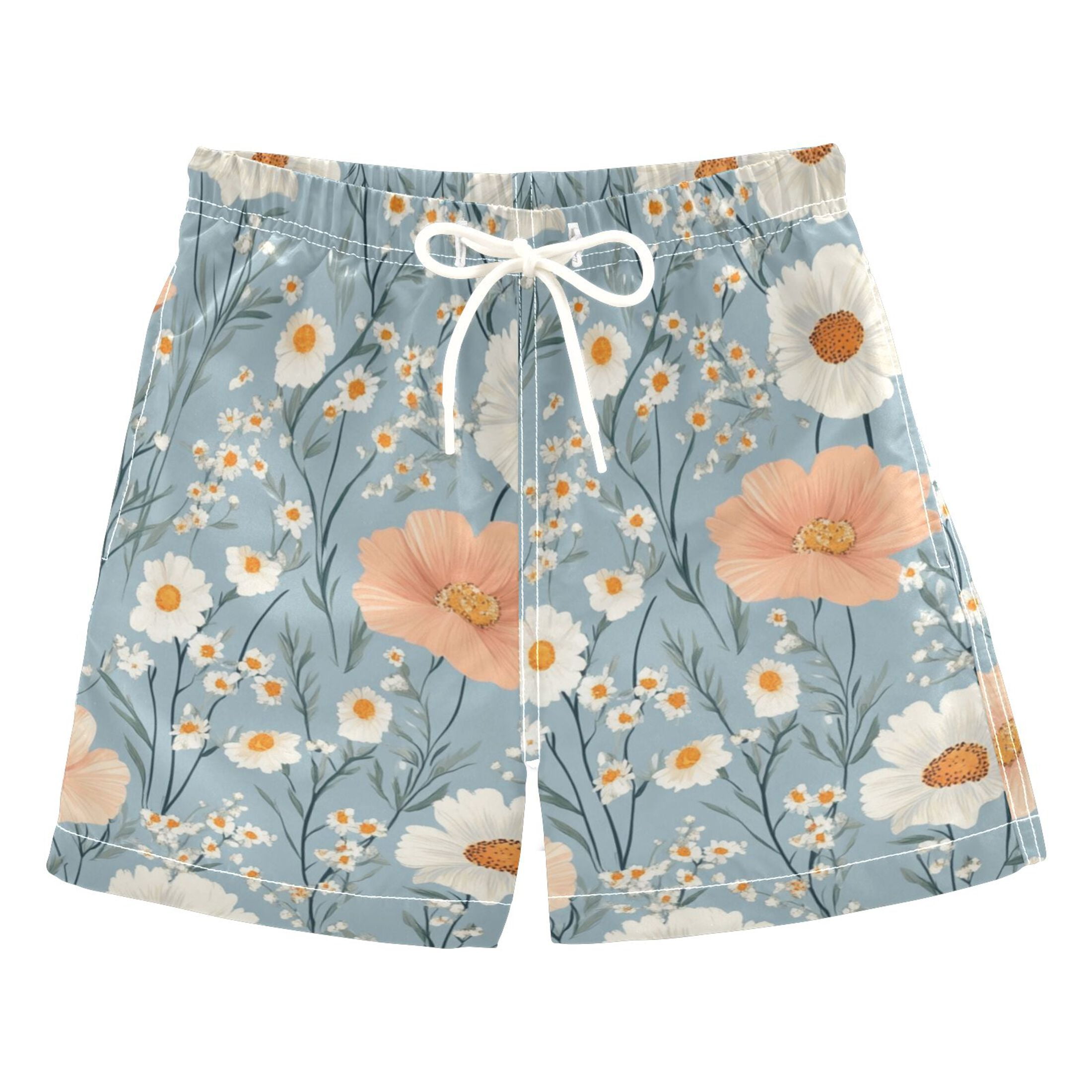 Peach and White Color Flowers Boys' Swim Trunks Board Shorts Beach ...