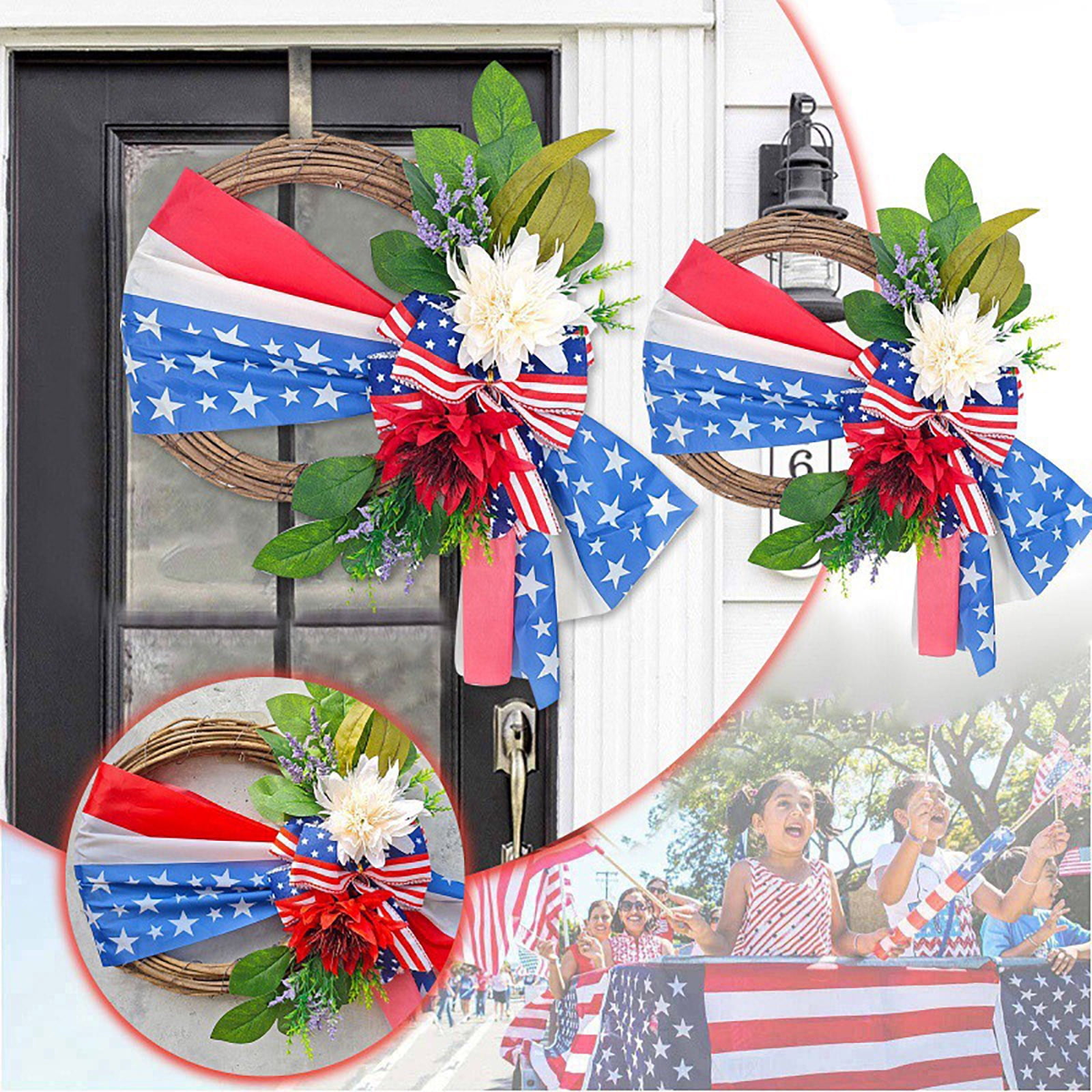 Peacheart 4th of July Wreath for Front Door, 18" Red White Blue Artificial Dahlia Wreath with ...