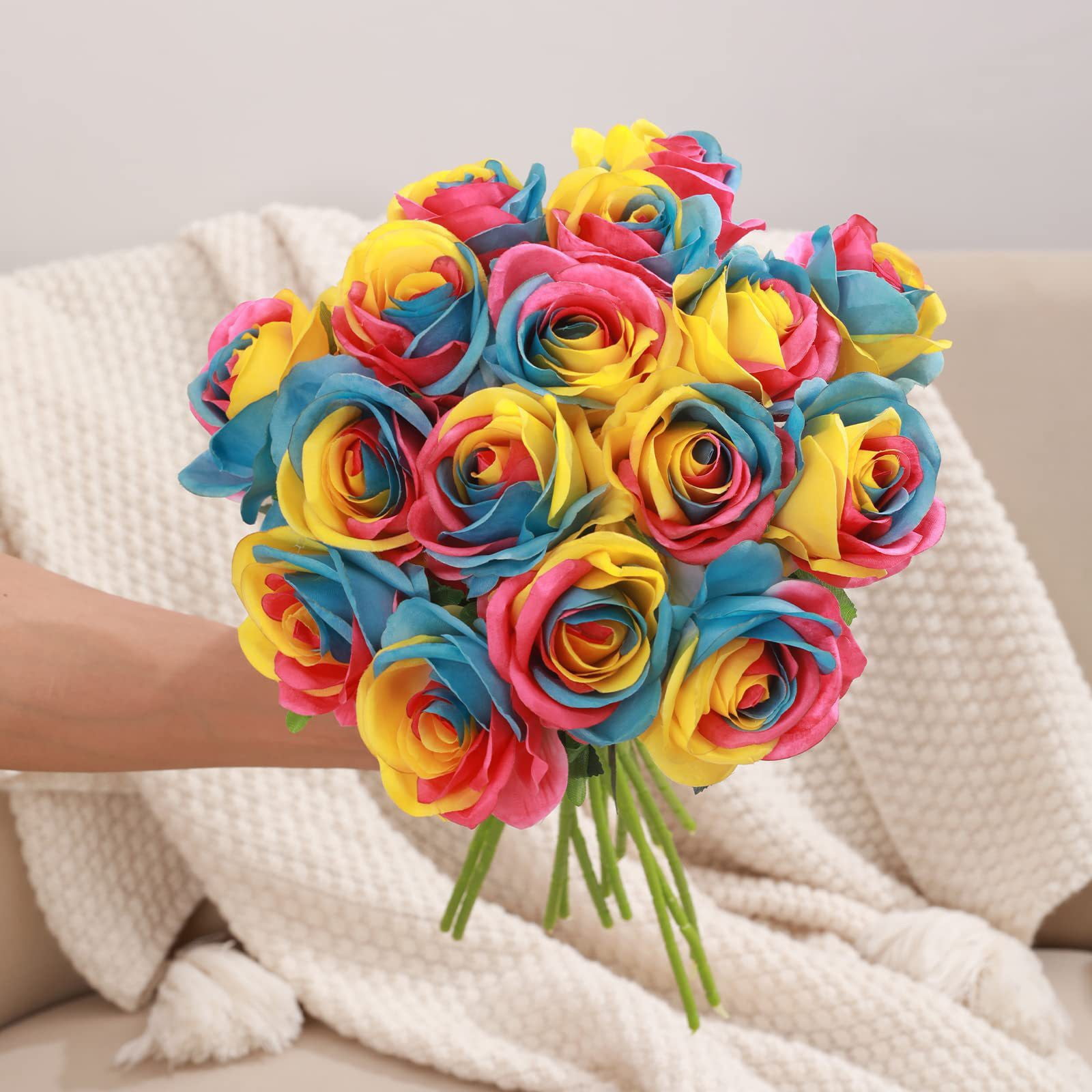 Peacheart Artificial Rainbow Rose Silk Flowers with Stems, 16 Pc 19.7 ...