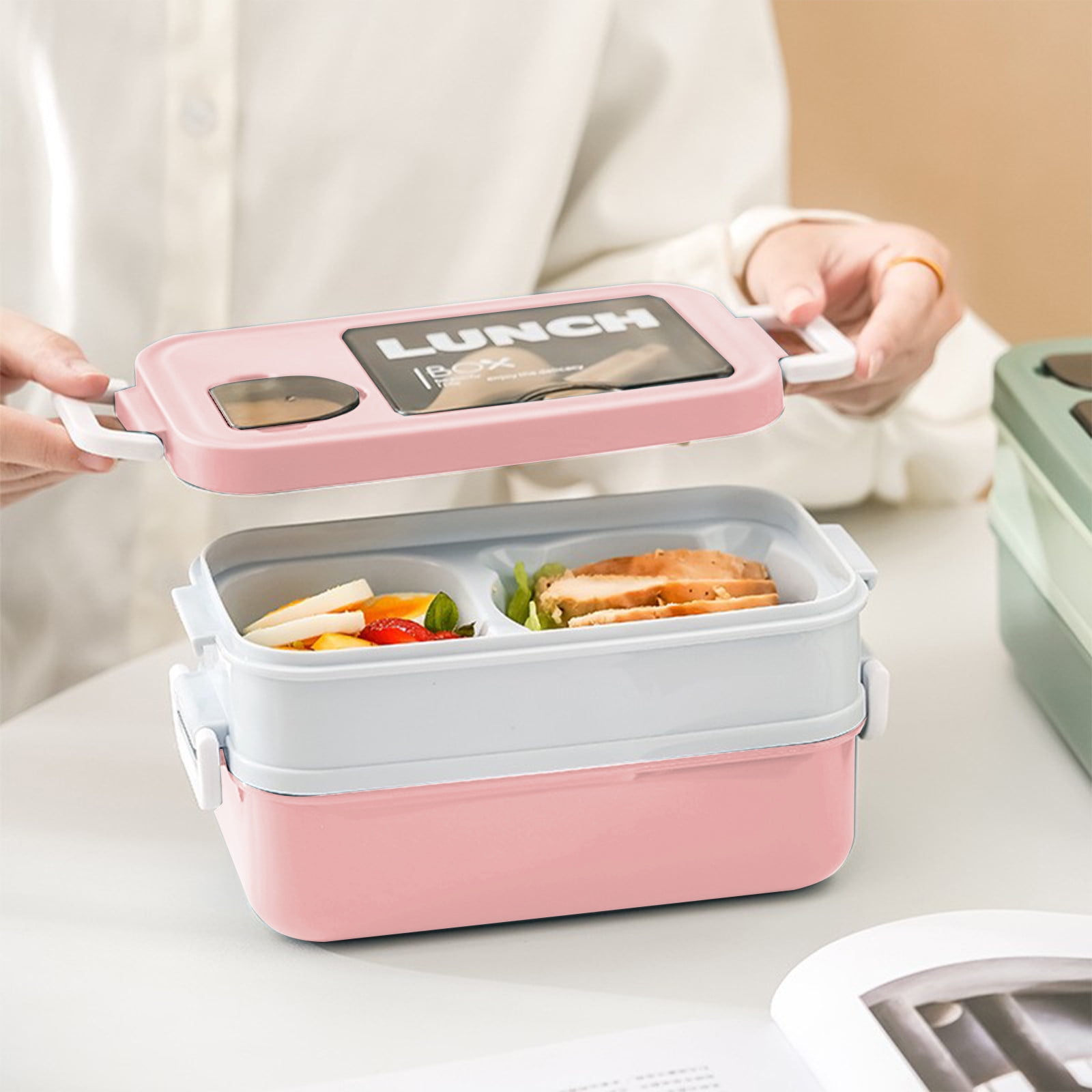 Peacheart Bento Box, 2-Layers Stackable Bento Lunch Box with Spoon and ...