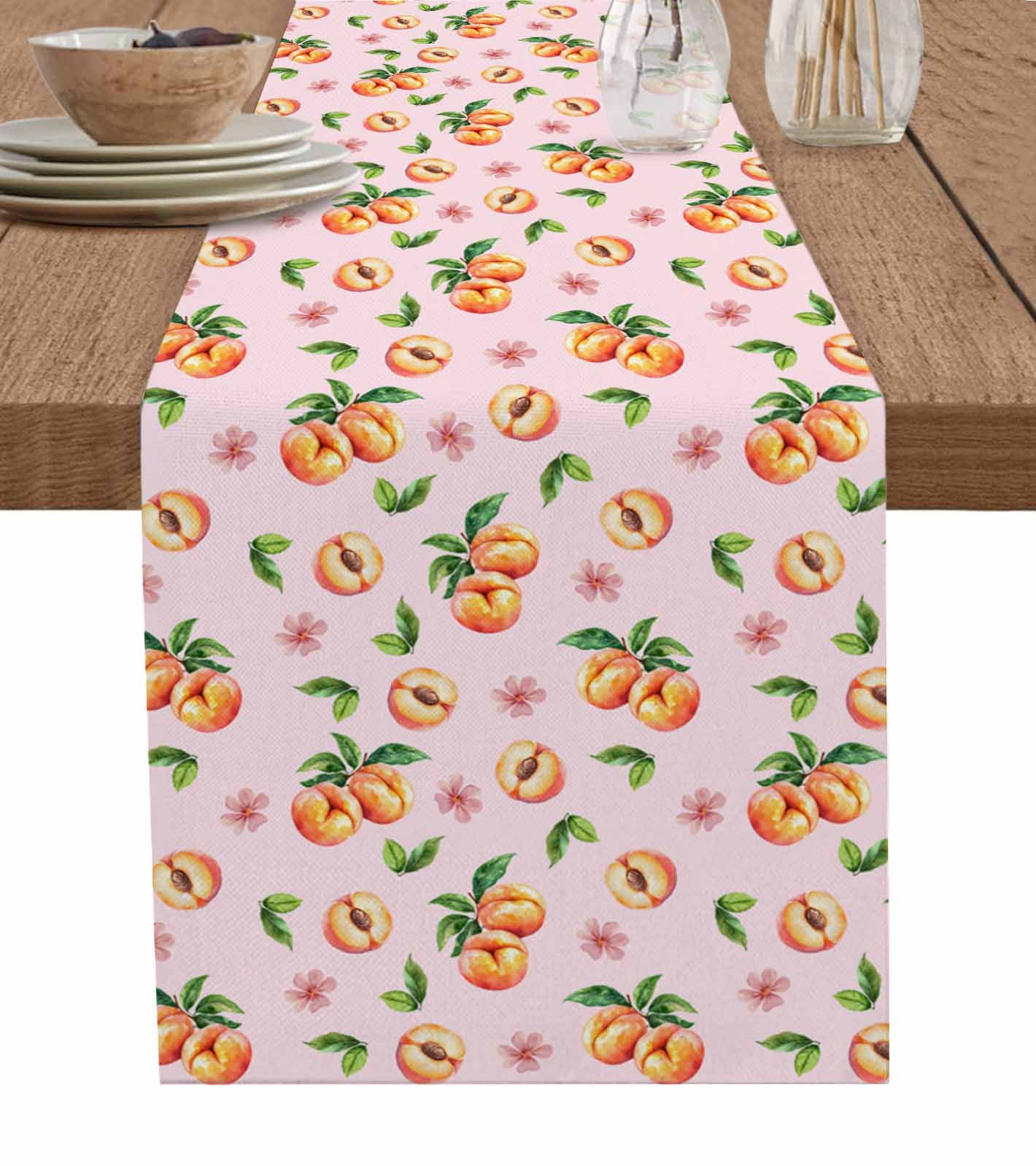 Peaches Pink Table Runner 90 Inches, Summer Fruit Country Flowers ...