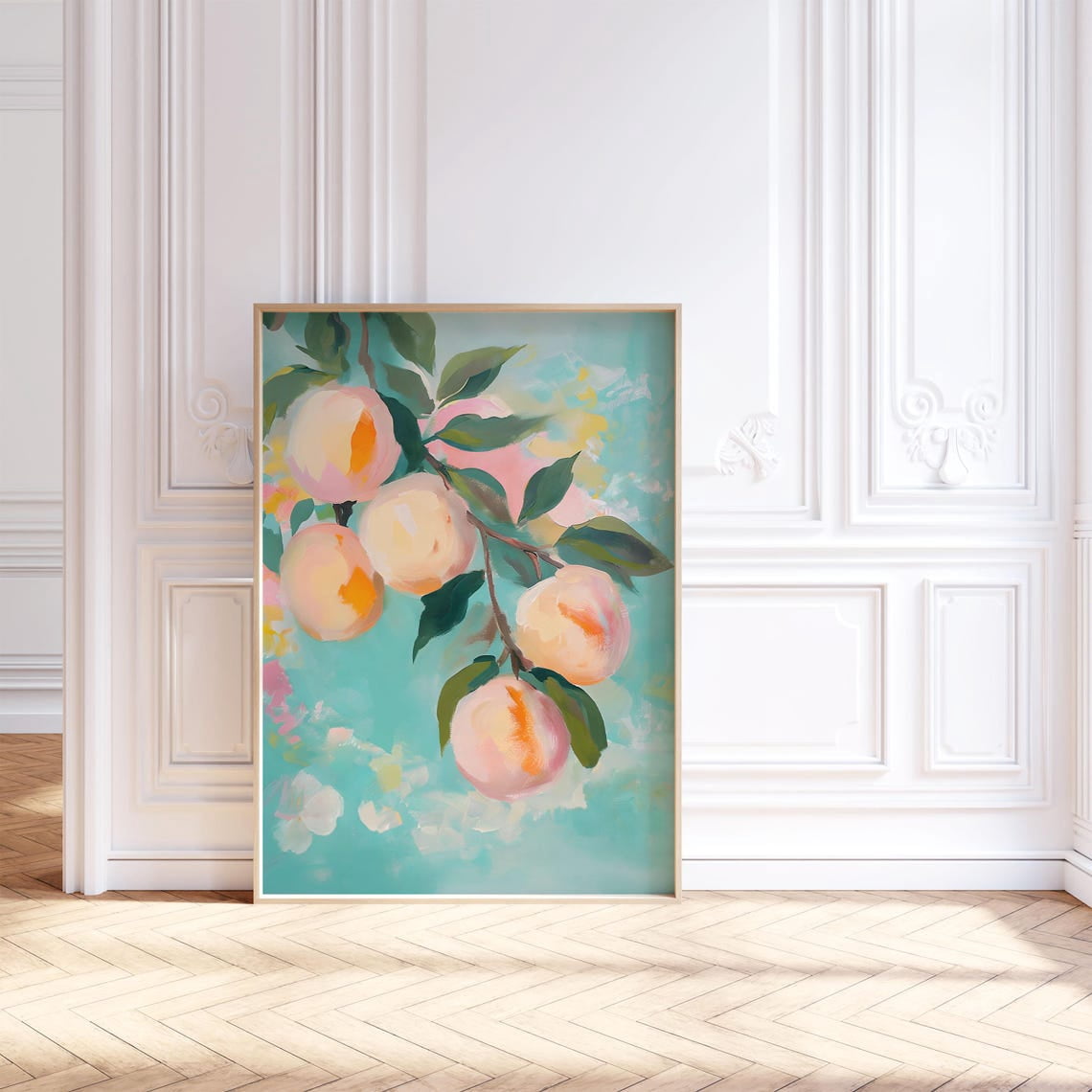 Peaches Wall Art , Fruit Kitchen Decor, Trendy Pastel Fruit Poster ...