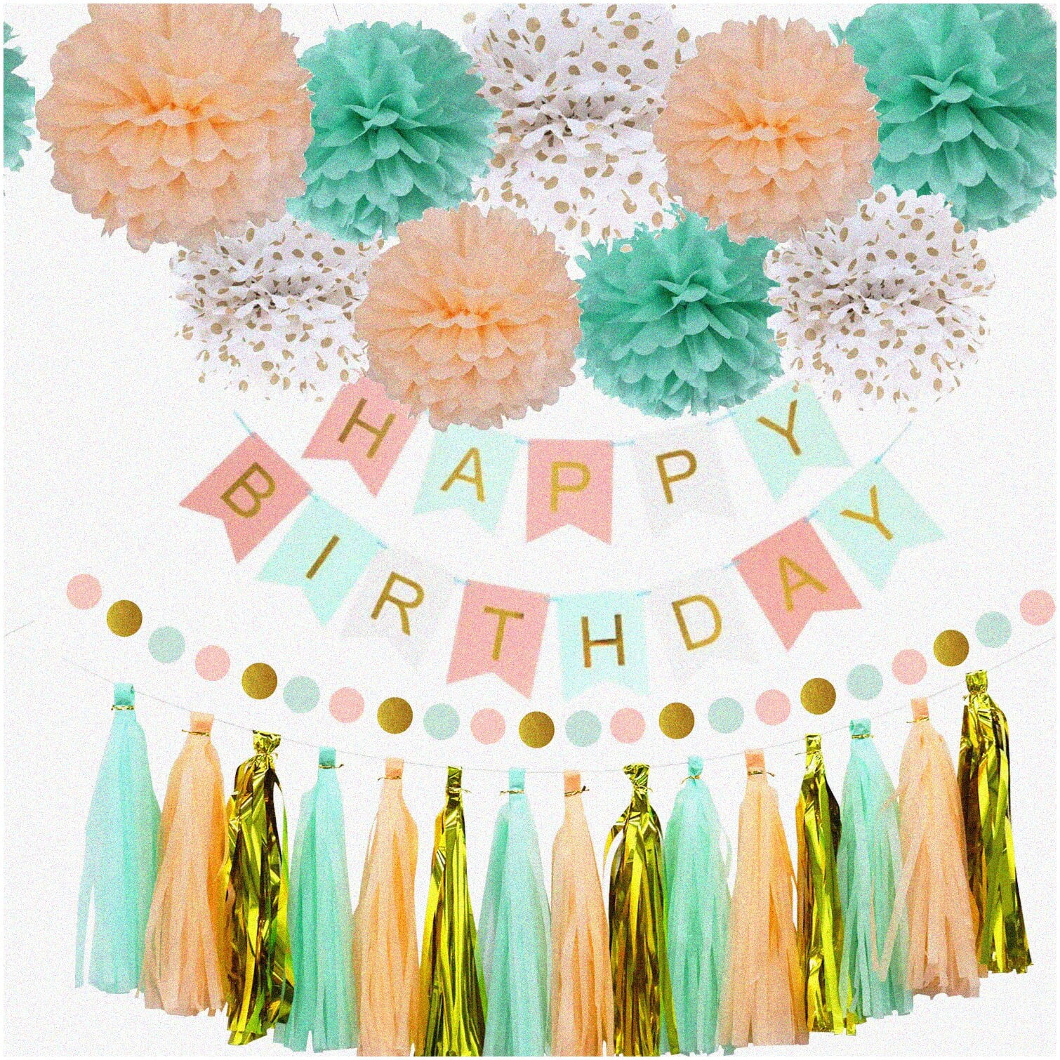 Peachy Mint Birthday Bash Kit - Birthday Banner, Pom Poms, Circle Dot ...