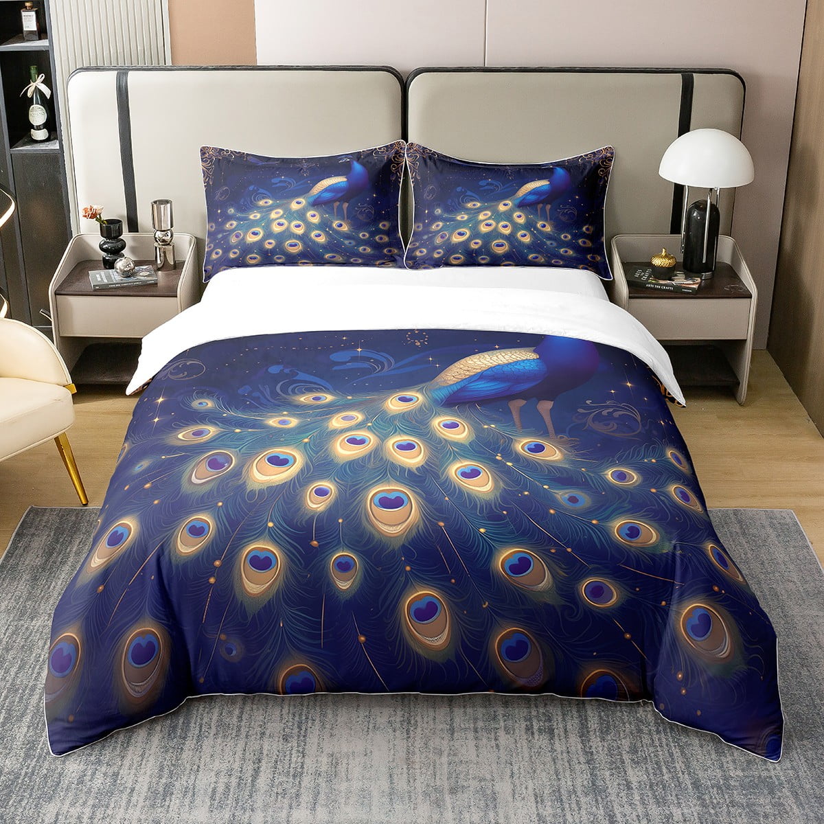 Peacock 100% Natural Cotton Comforter Cover Queen Size 3Pcs,Teal Blue Ombre Feather Bedding Set ...