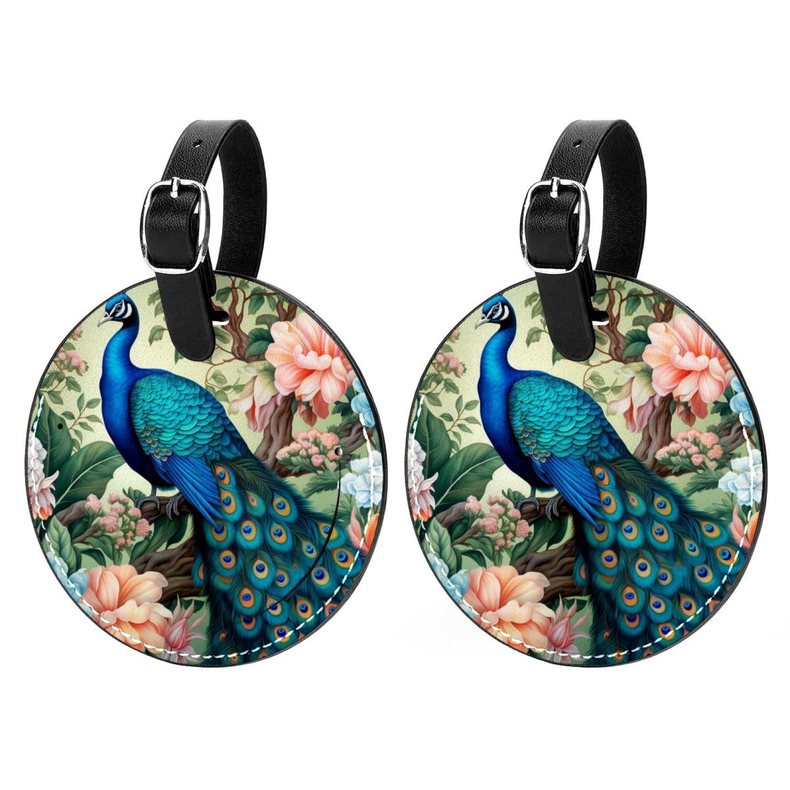 Peacock 2Pcs PU Leather Round Luggage Tags with Privacy Cover and Name ...
