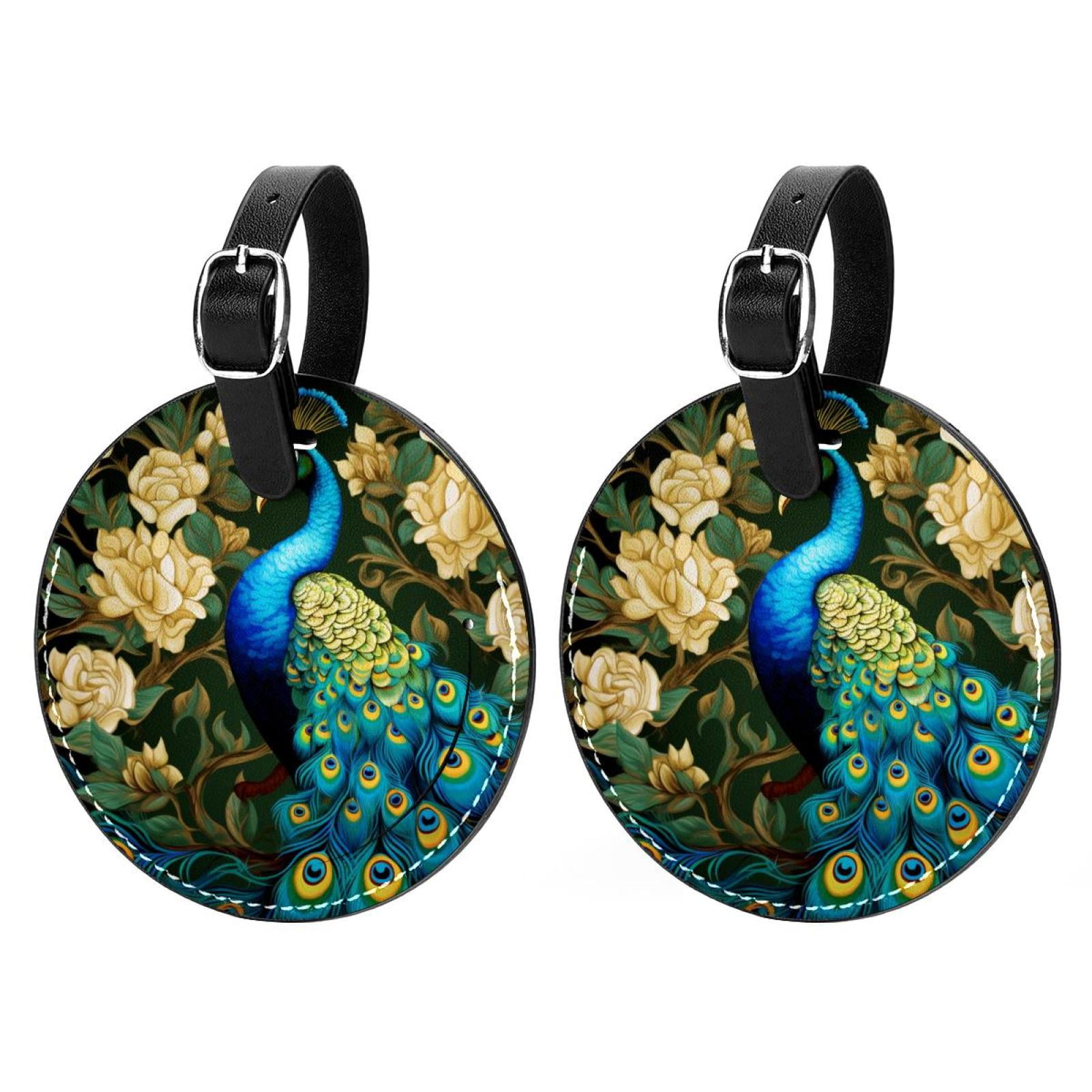 Peacock 2Pcs PU Leather Round Luggage Tags with Privacy Cover and Name ...