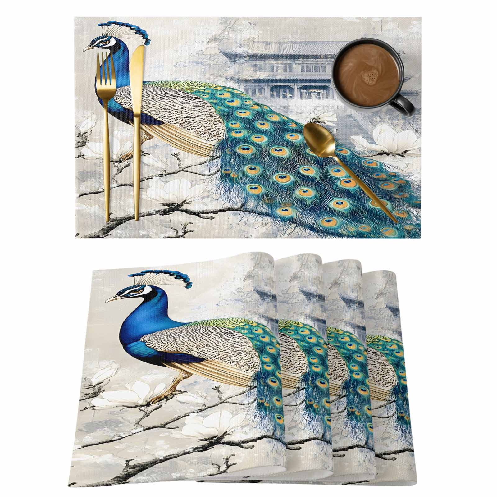 Peacock Attic Placemats Set of 6, Chinese Style Non-Slip Place Mats ...