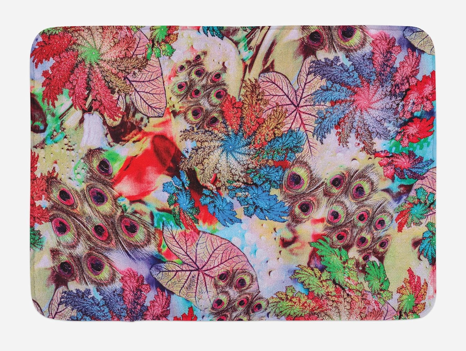 Peacock Bath Mat, Colorful Floral Art Bird Feather Patterns and Leaves ...