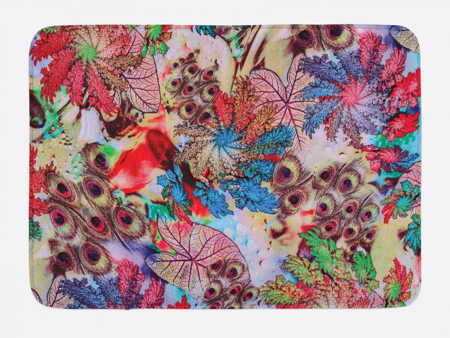 Peacock Bath Mat, Colorful Floral Artwork with Peacock Feather Patterns ...