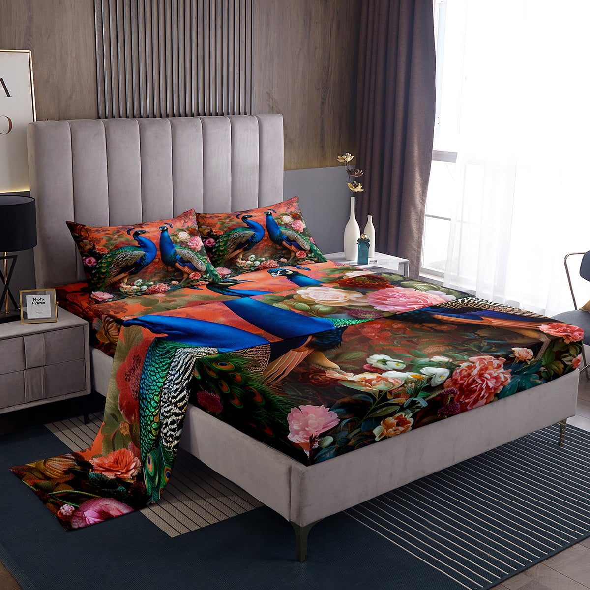 Peacock Bed Sheets Set Peahen Sheet Set King,Watercolor Peafowl Feather ...