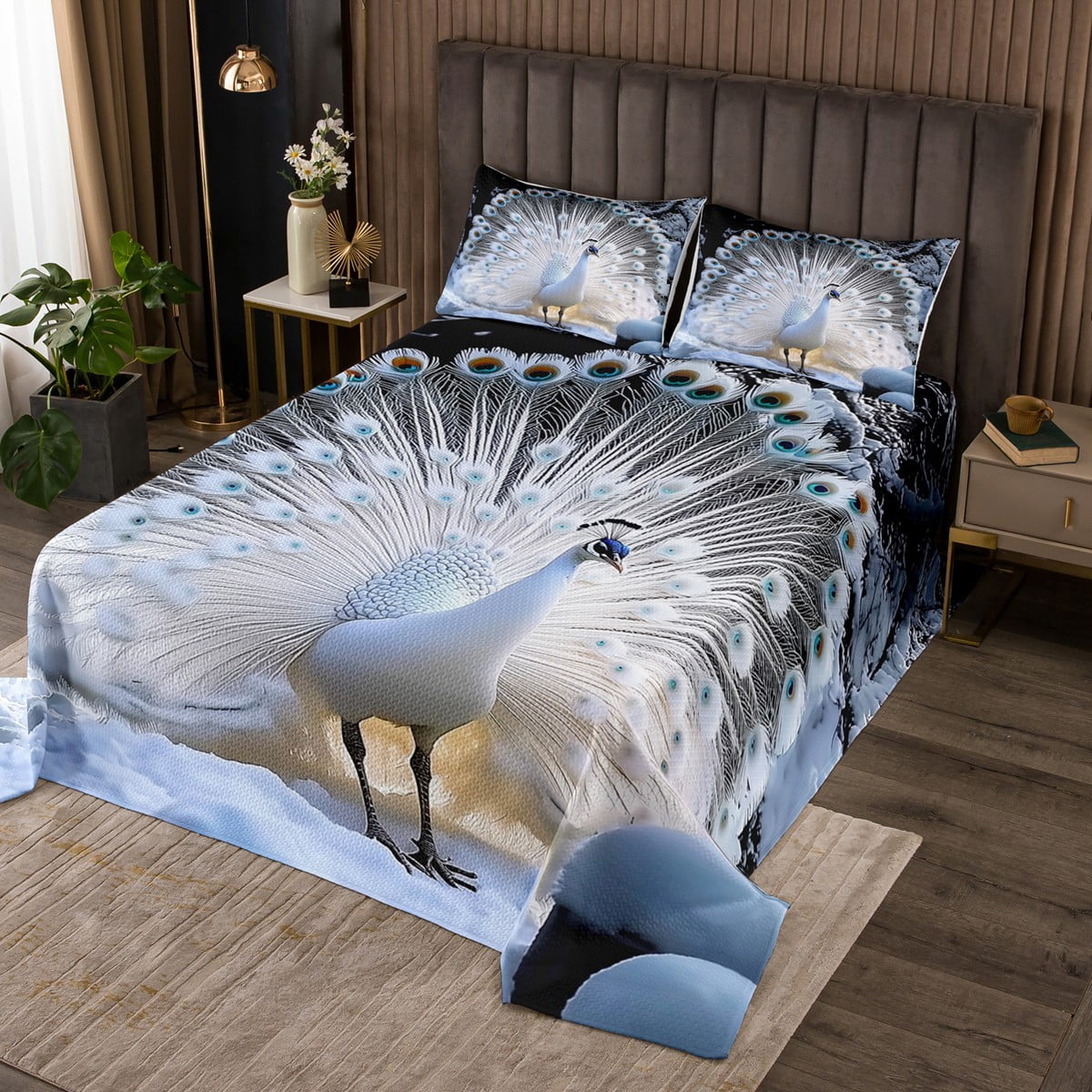 Peacock Bedspread Quilt,White Peacock Feather Aesthetic Bedding ...