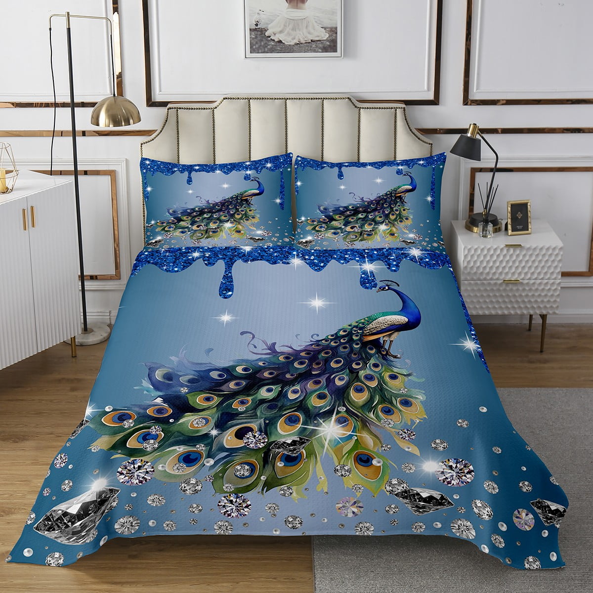 Peacock Bedspread Set Blue Sequin Fluid Art Coverlet Set,Crystal ...
