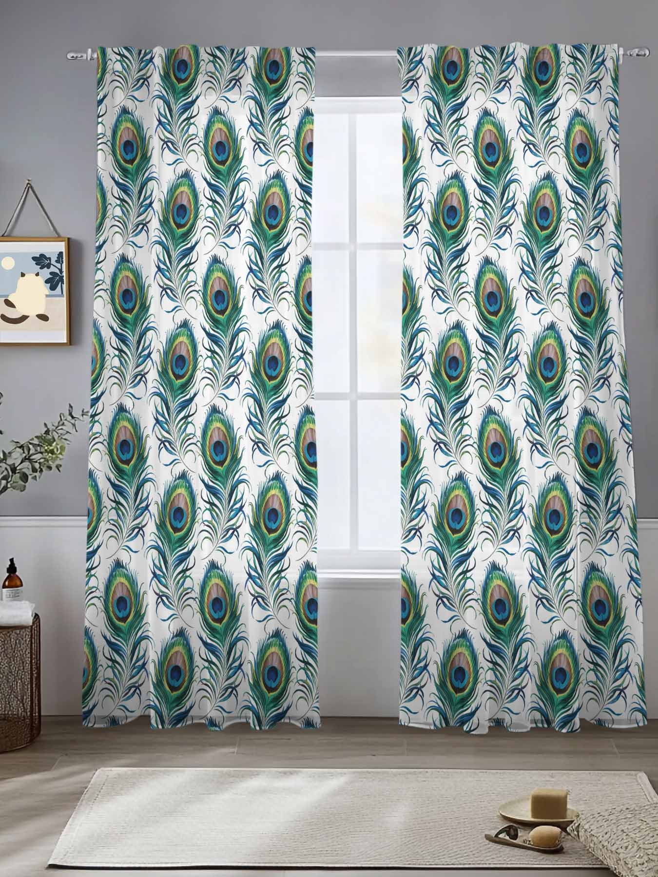 Peacock Blue Green Feathers Sheer Curtains 108 Inches Long 2 Panels ...