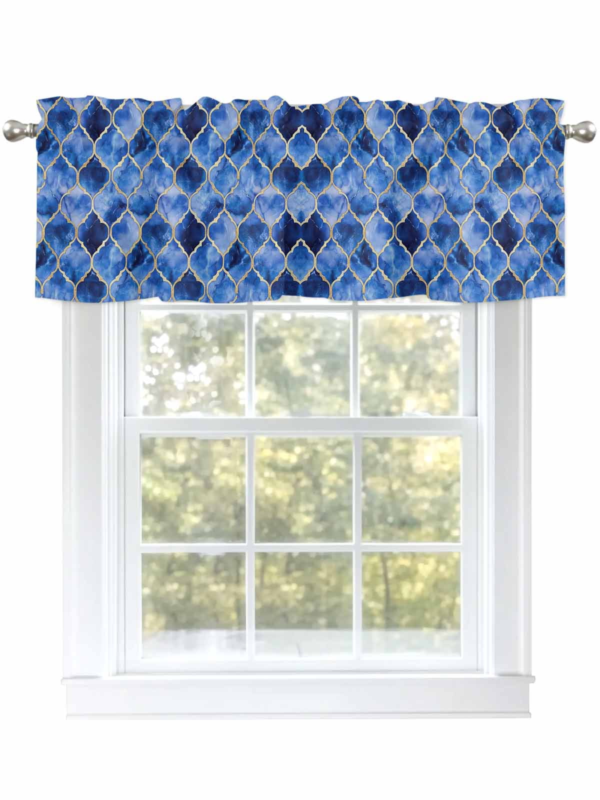 Peacock Blue White Marble Valances for Windows, Rod Pocket Kitchen ...