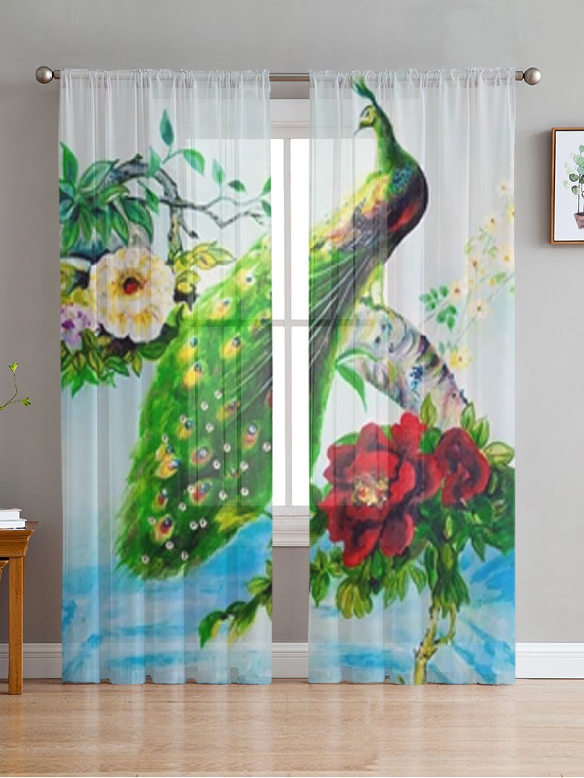 Peacock Chinese Roses Chiffon Sheer Curtains For Living Room Bedroom r ...